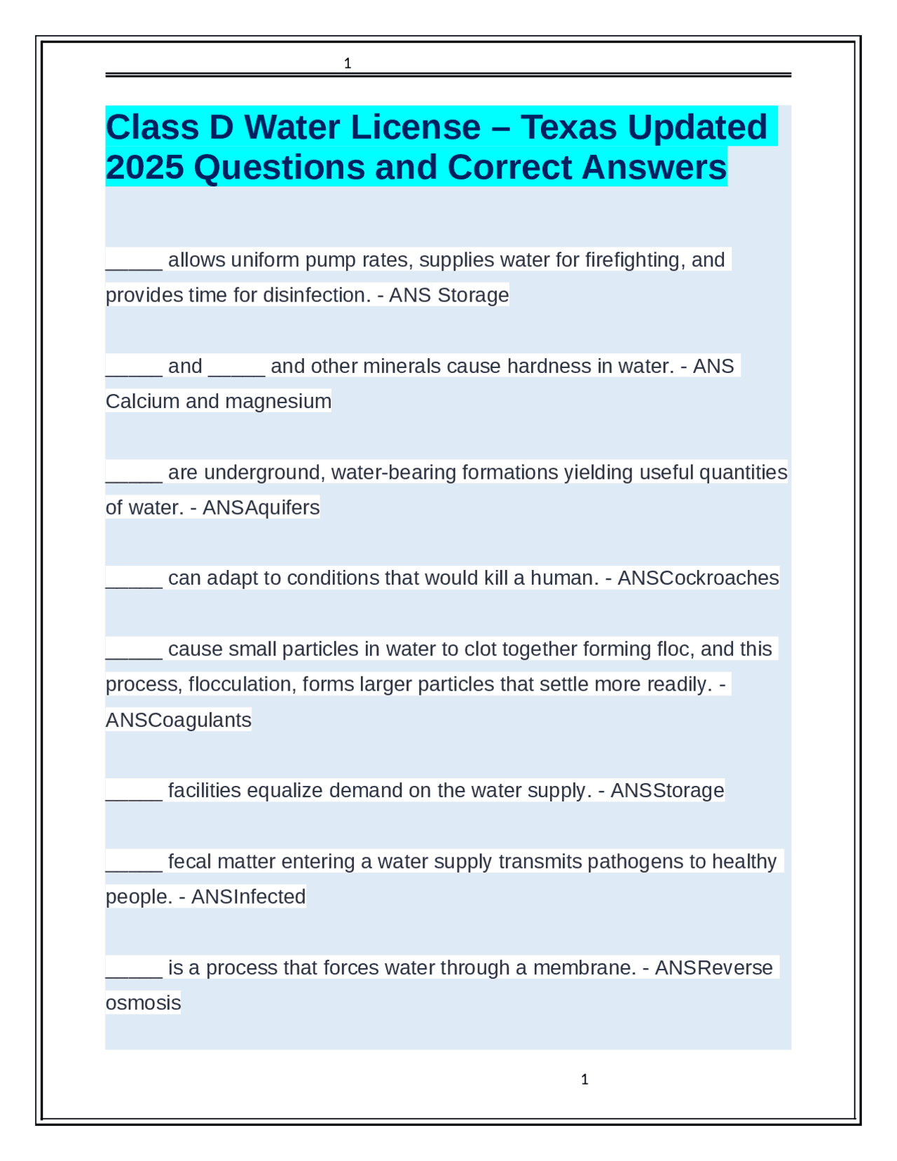 Class D Water License - Texas Updated 2025: Questions and Correct ...