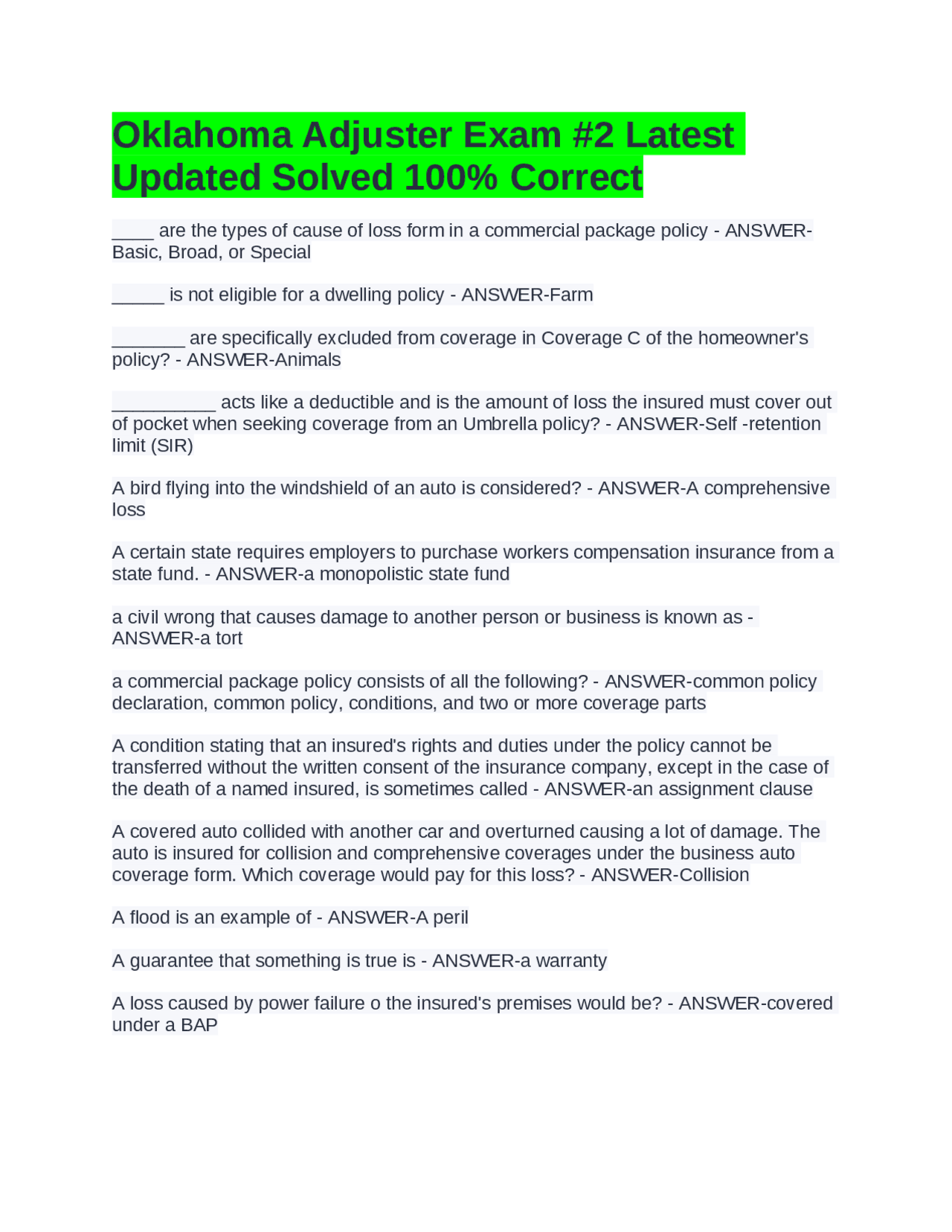 Oklahoma Adjuster Exam #2: Comprehensive Guide with Solved Questions ...