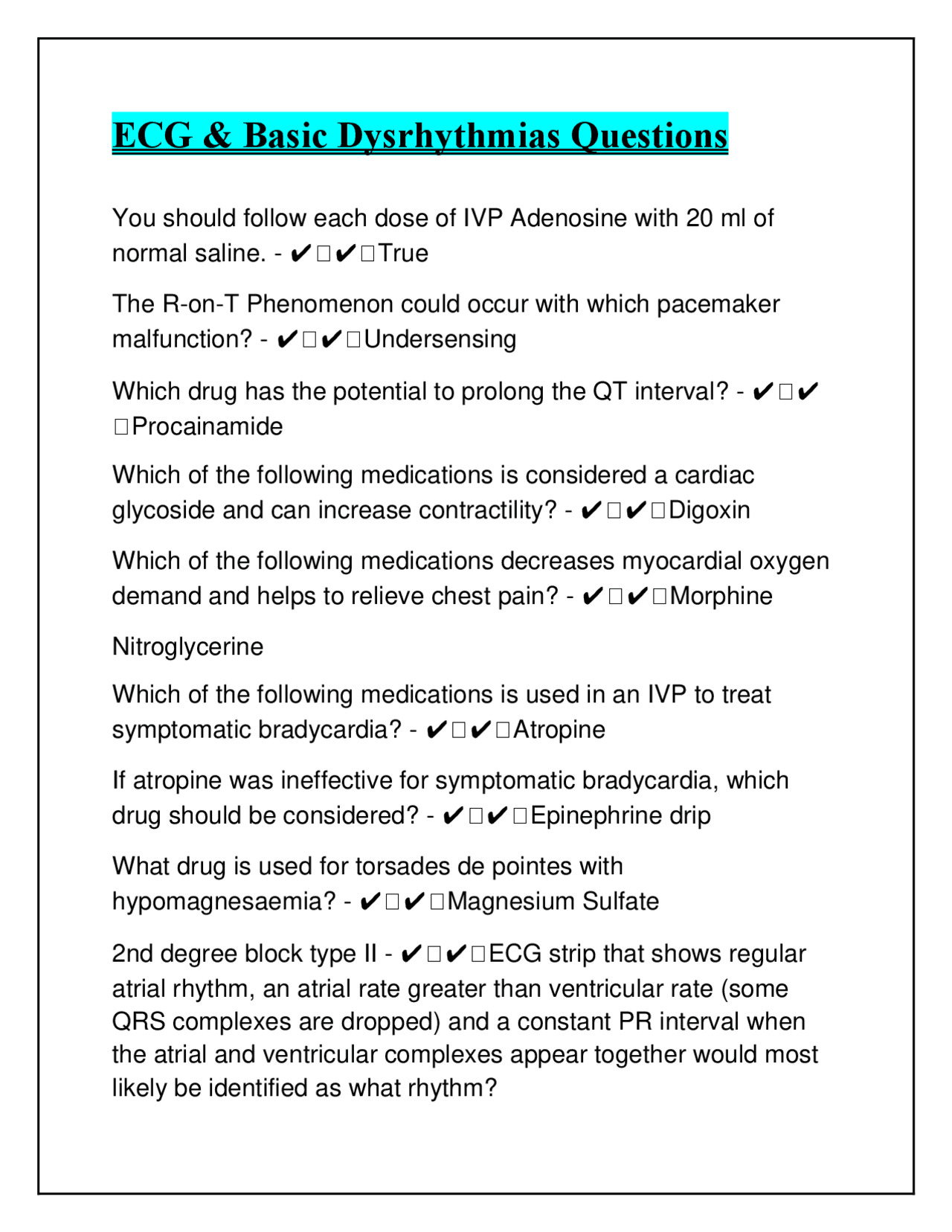 ECG & Basic Dysrhythmias Questions With Correct Verified Complete ...
