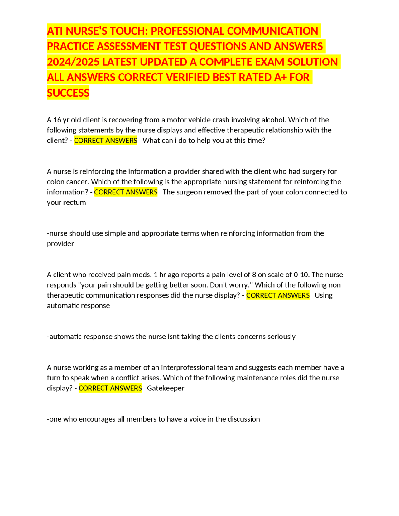ATI NURSE&#039;S TOUCH: PROFESSIONAL COMMUNICATION PRACTICE ASSESSMENT TEST ...
