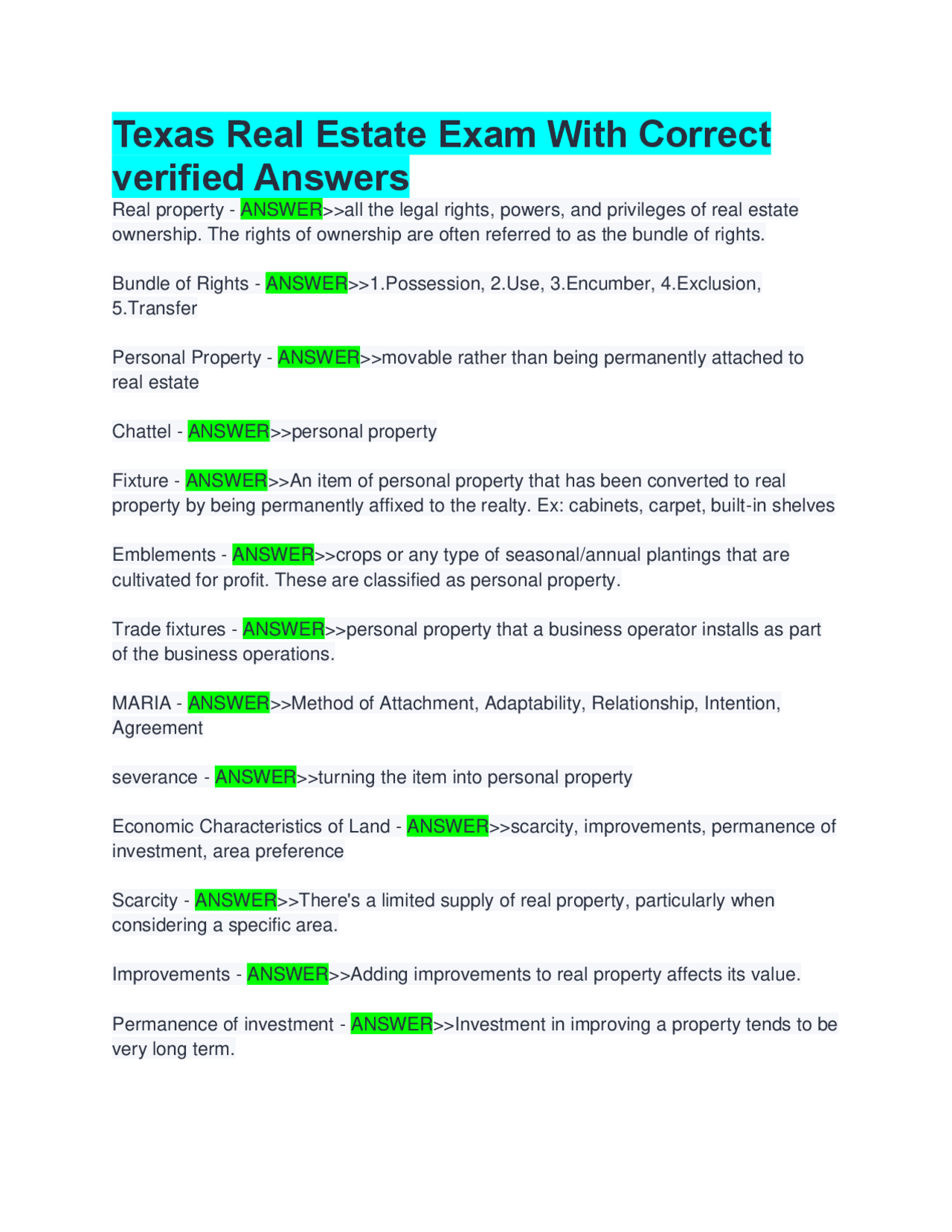 Texas Real Estate Exam With Correct verified Answers | Exams Real ...