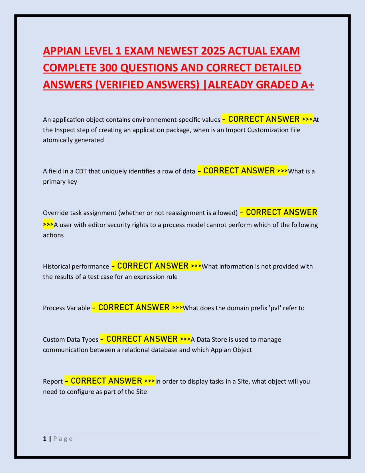 APPIAN LEVEL 1 EXAM NEWEST 2025 ACTUAL EXAM COMPLETE 300 QUESTIONS AND ...