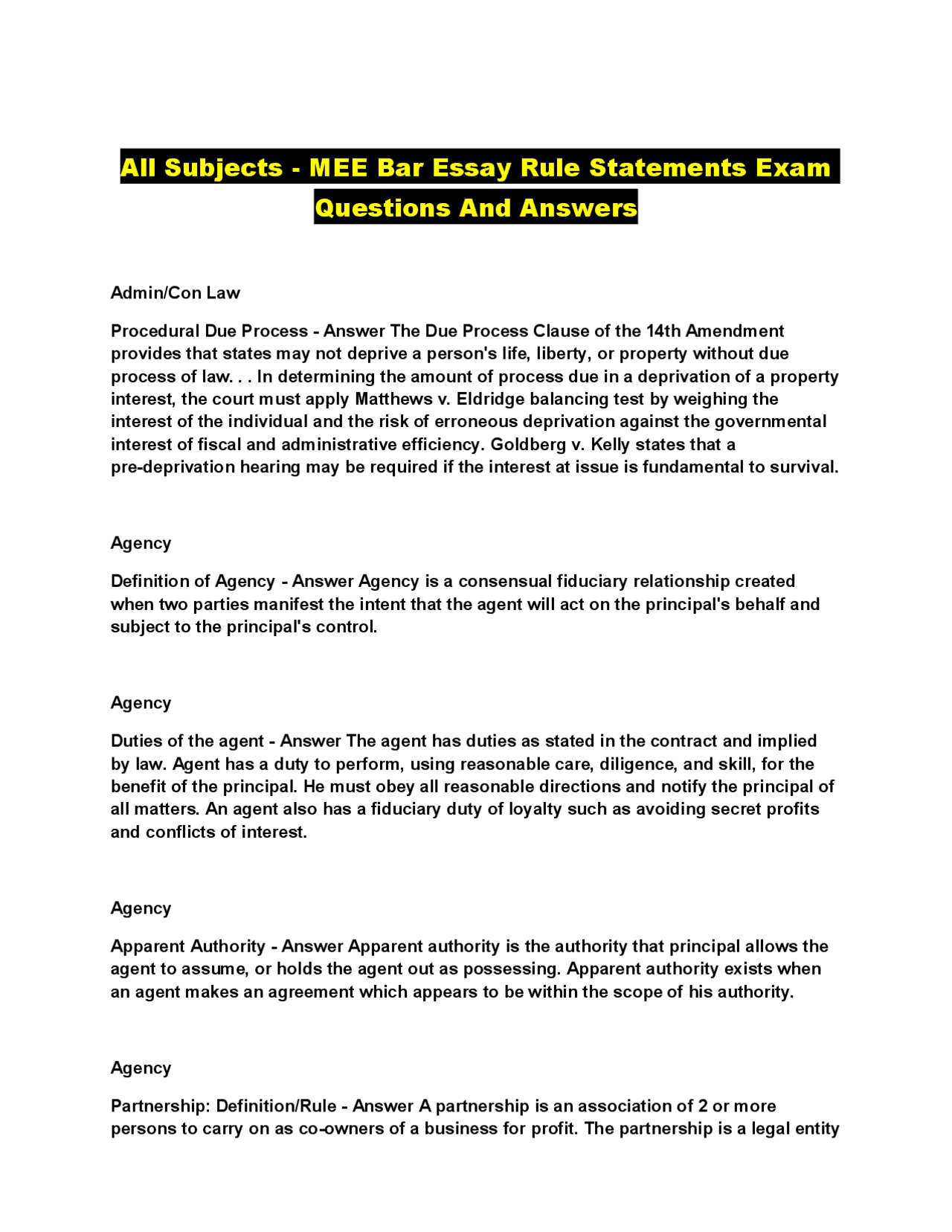 Bar Exam Essay Rules: Admin Law, Agency, Corporations, Civil Procedure ...
