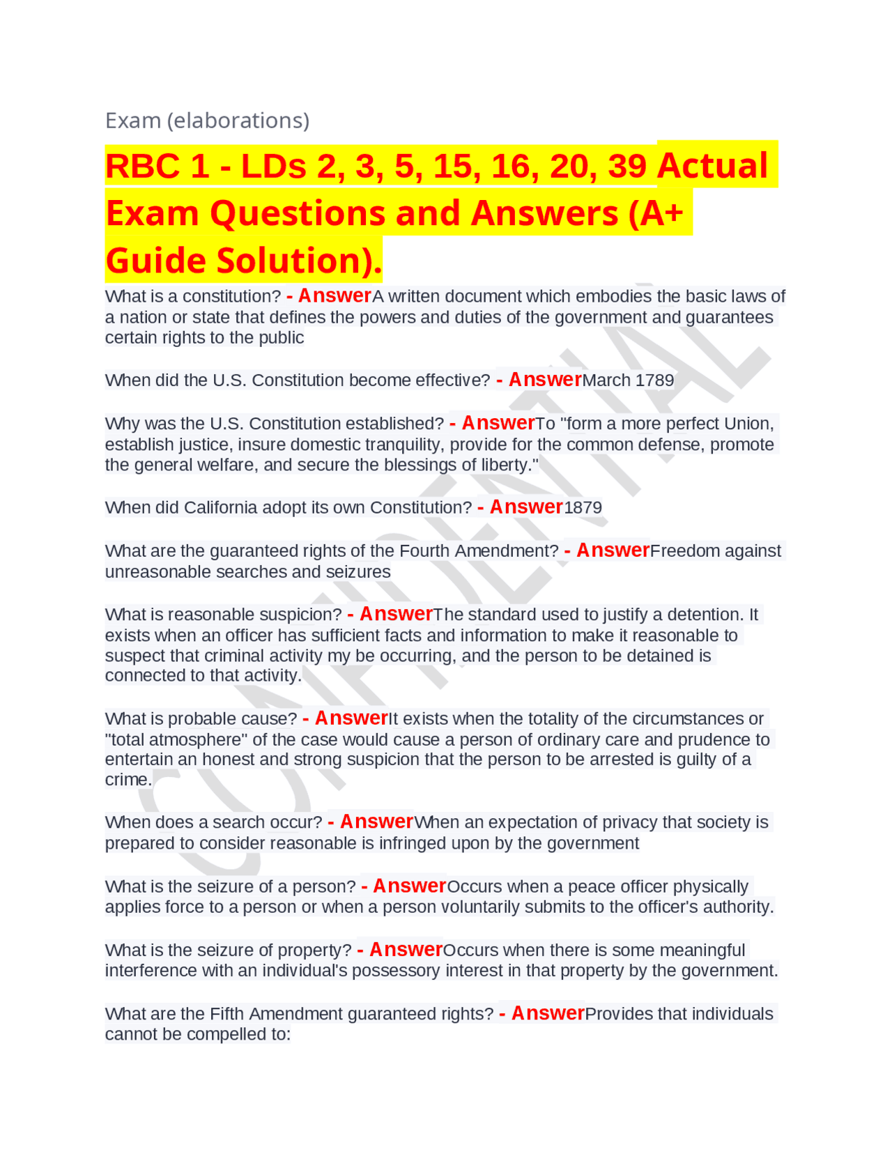 RBC 1 - LDs 2, 3, 5, 15, 16, 20, 39 Actual Exam Questions and Answers (A+ Guide Solution ...