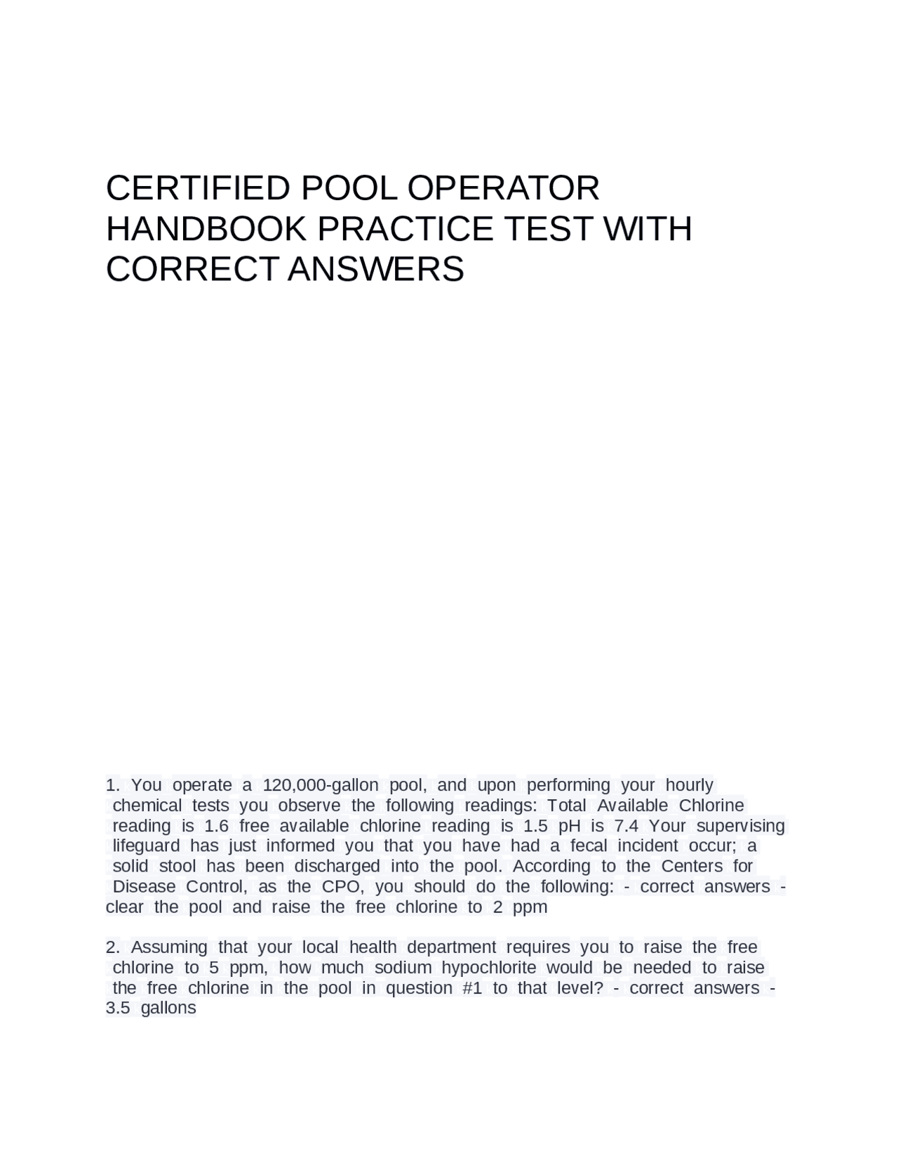 CERTIFIED POOL OPERATOR HANDBOOK PRACTICE TEST WITH CORRECT ANSWERS ...