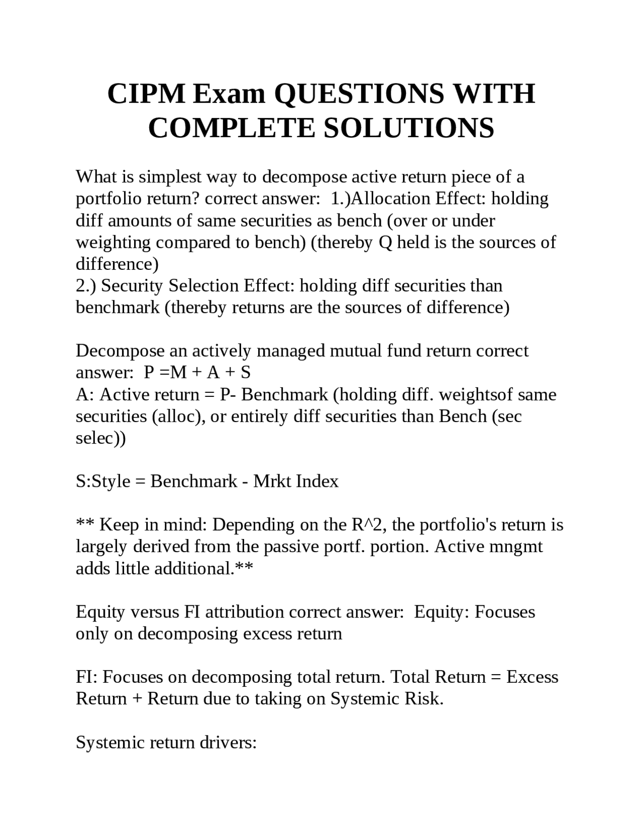 CIPM Exam Questions and Answers: Portfolio Return Attribution and ...