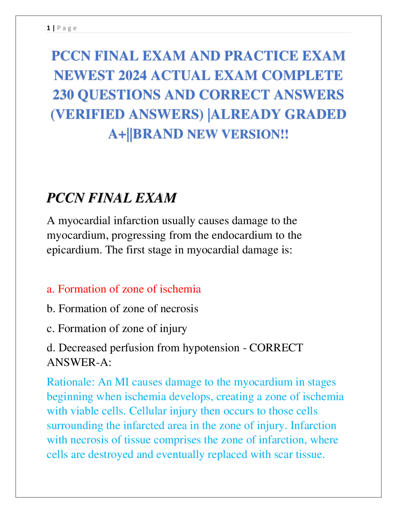 PCCN FINAL EXAM AND PRACTICE EXAM NEWEST 2024 ACTUAL EXAM COMPLETE 230 ...