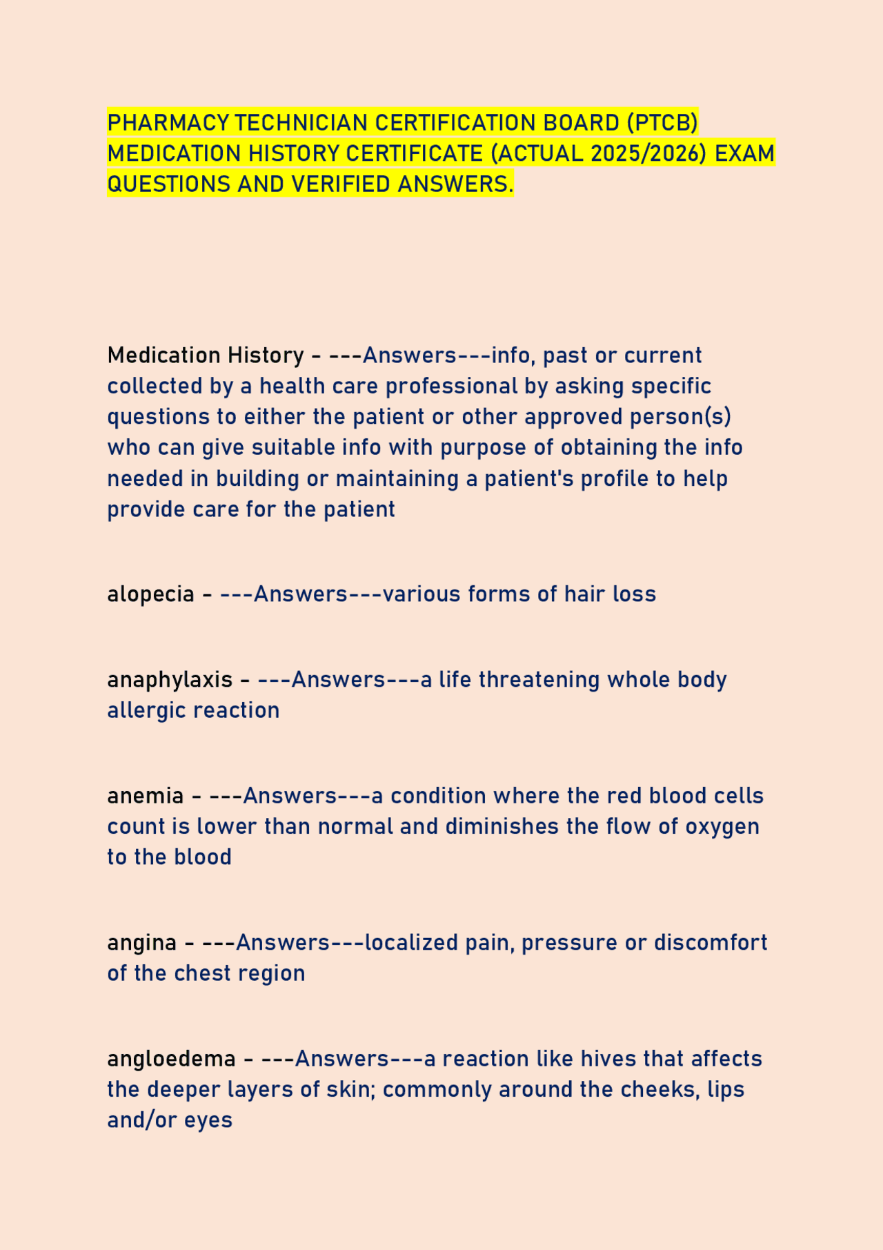 PHARMACY TECHNICIAN CERTIFICATION BOARD (PTCB) MEDICATION HISTORY ...