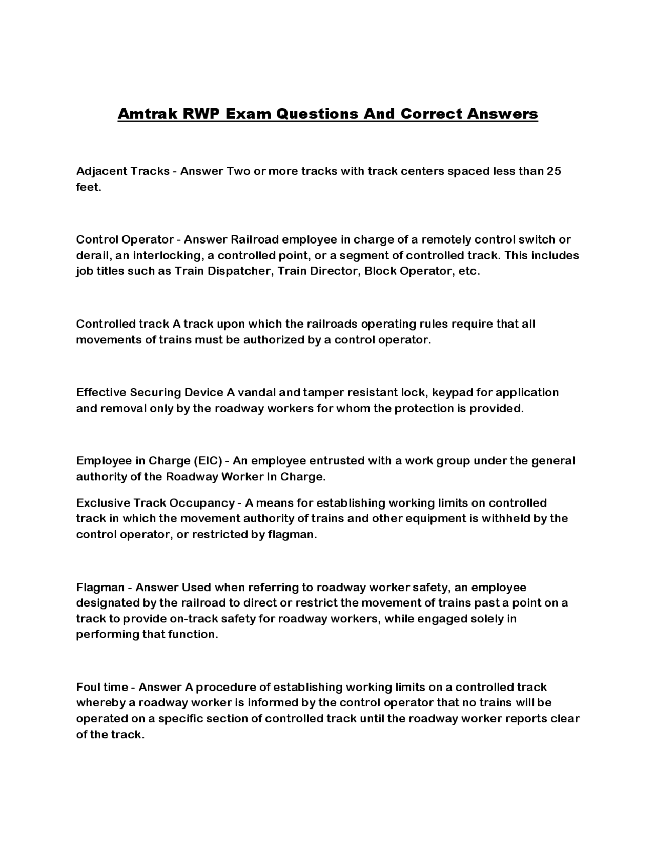 Amtrak RWP Exam Questions and Answers: A Guide to Railroad Safety ...