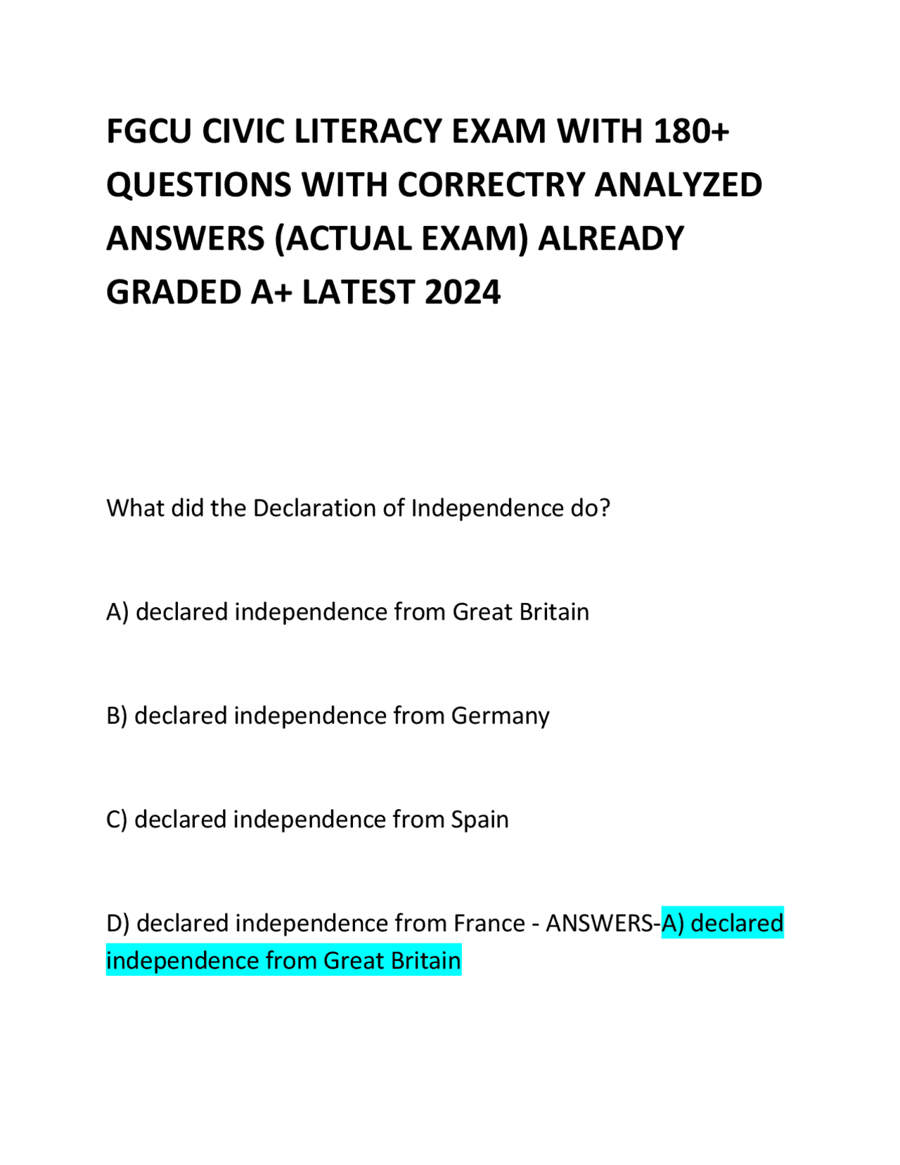 FGCU CIVIC LITERACY EXAM WITH 180+ QUESTIONS WITH CORRECTRY ANALYZED ...