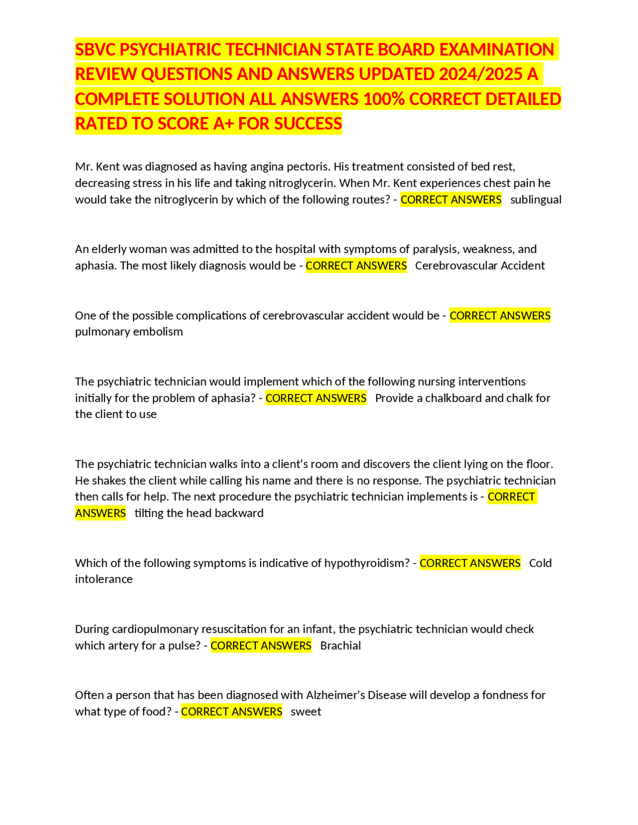 SBVC PSYCHIATRIC TECHNICIAN STATE BOARD EXAMINATION REVIEW QUESTIONS ...