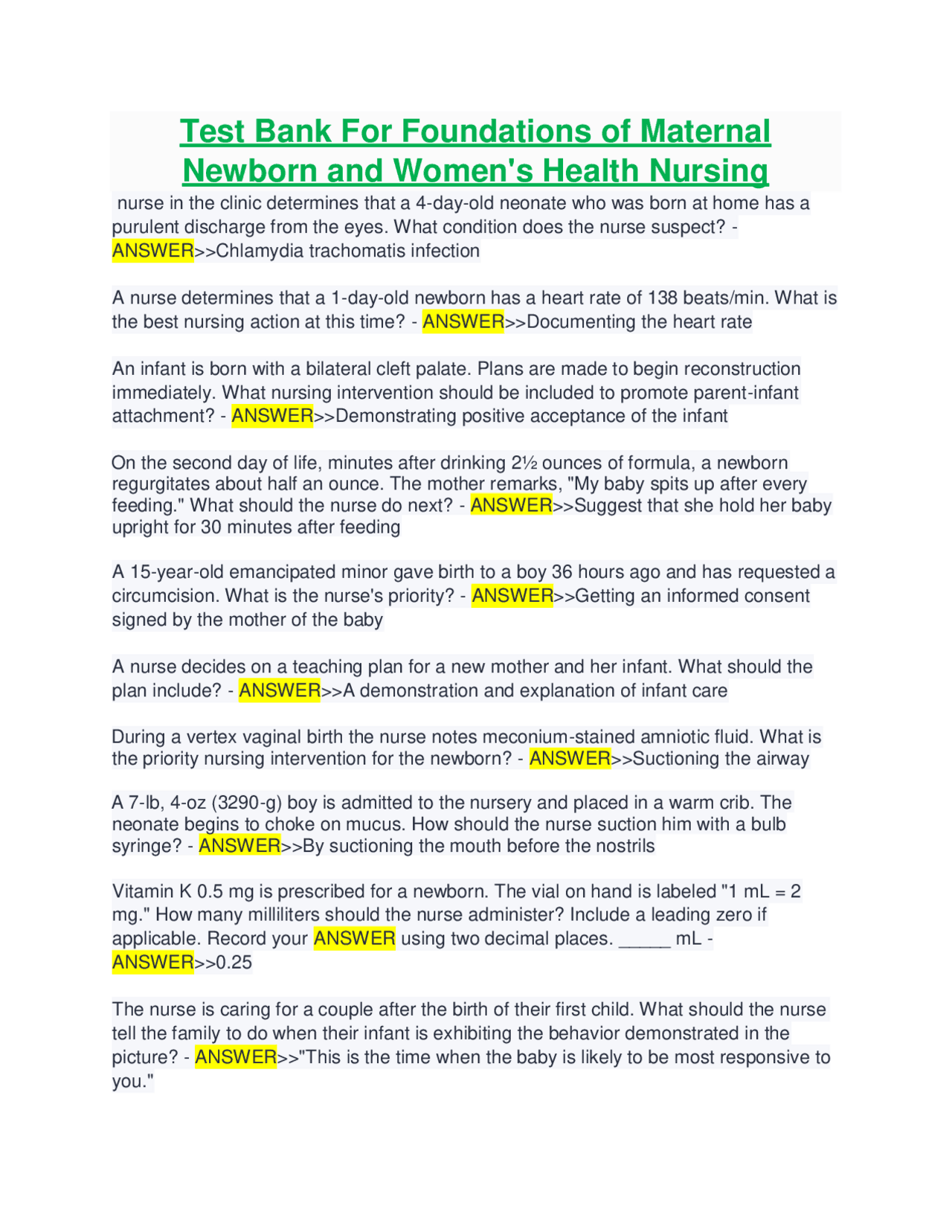 Foundations of Maternal Newborn & Women's Health Nursing: Test Bank ...