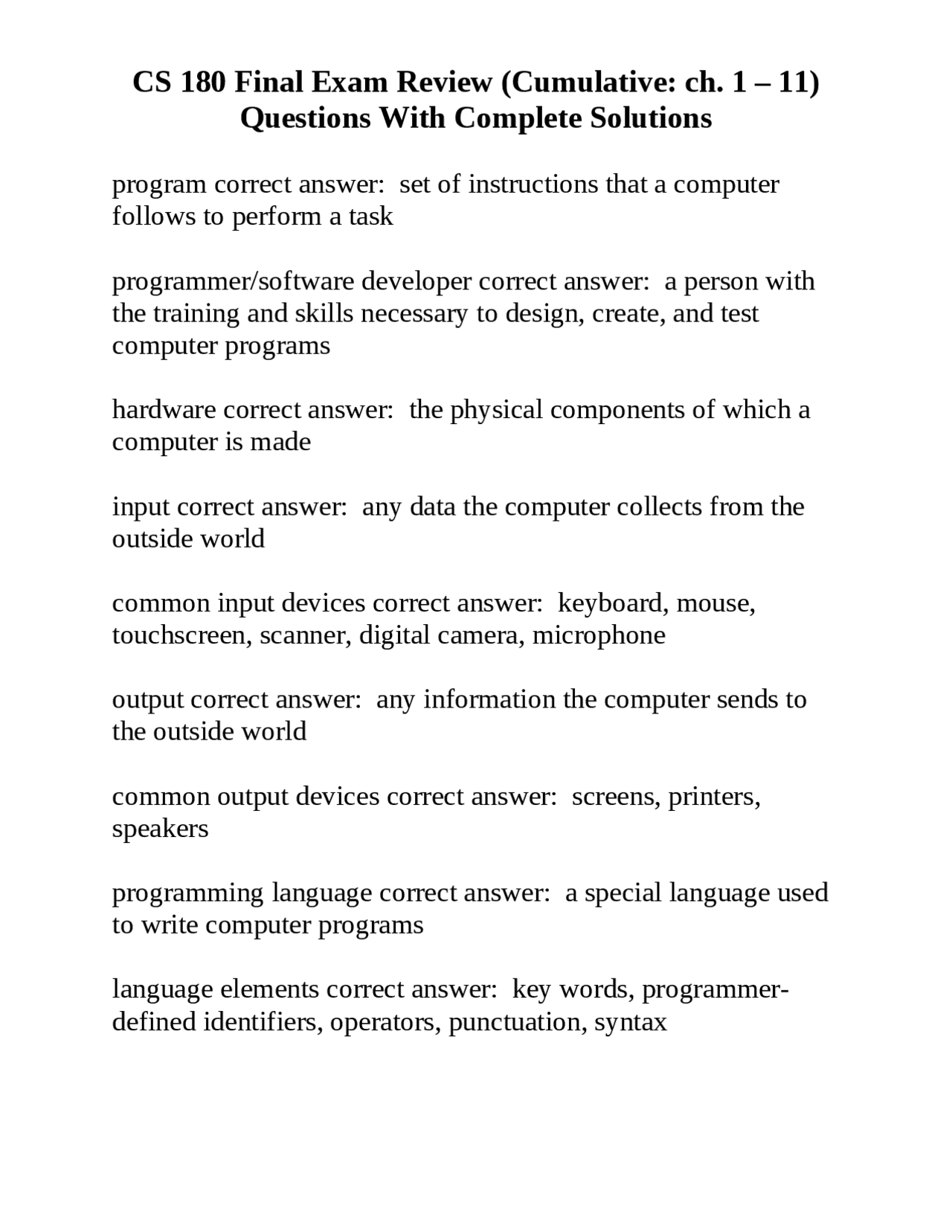 CS 180 Final Exam Review (Cumulative: ch. 1 – 11) Questions With Complete Solutions | Exams ...
