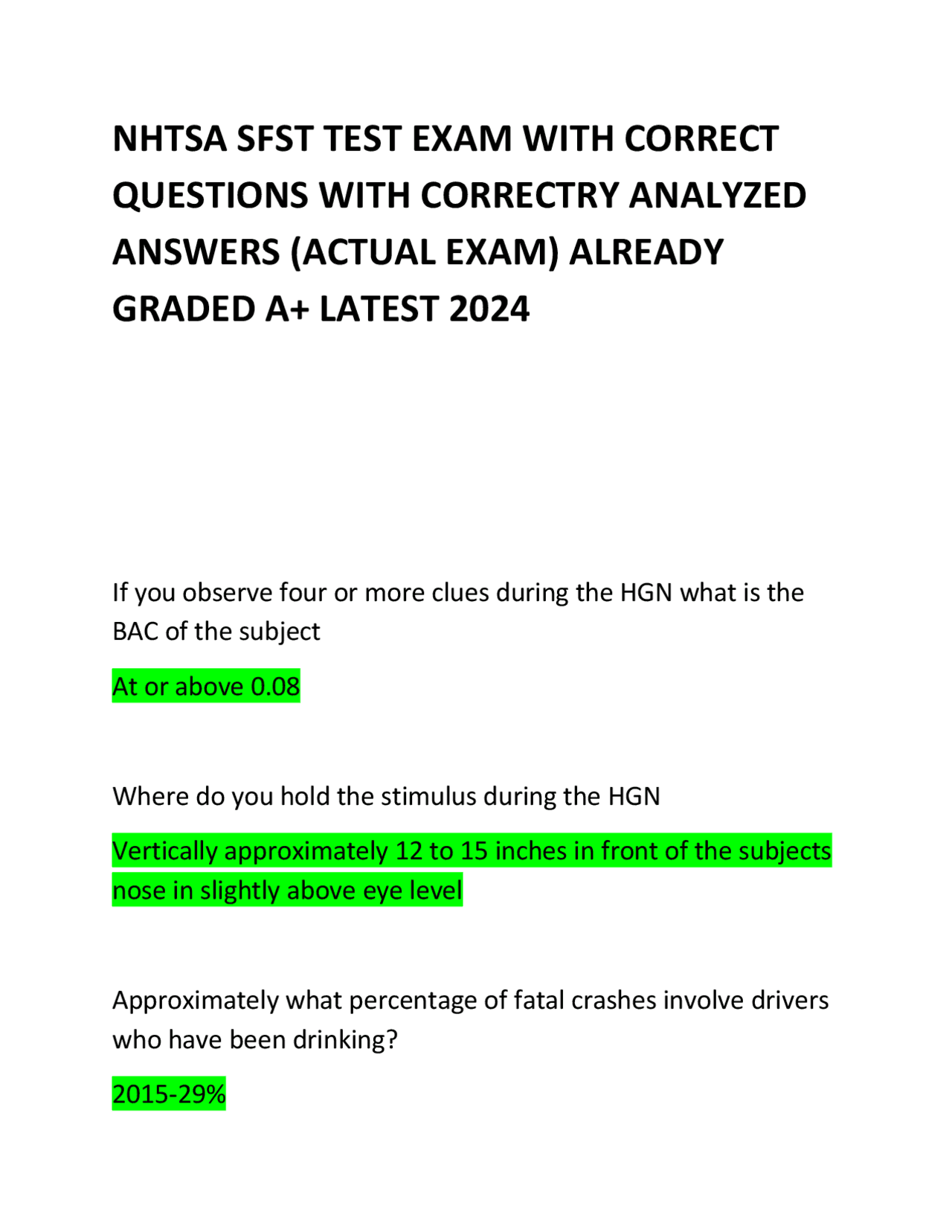 NHTSA SFST Test Exam: Questions and Answers for Law Enforcement | Exams ...