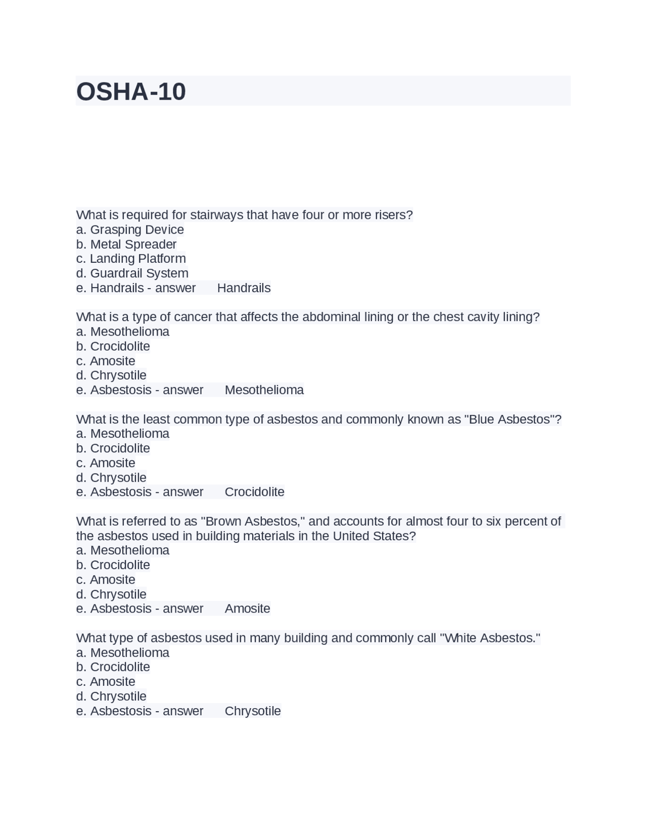 OSHA-10 QUESTIONS AND ANSWERS FULLY SOLVED | Exams Advanced Education ...