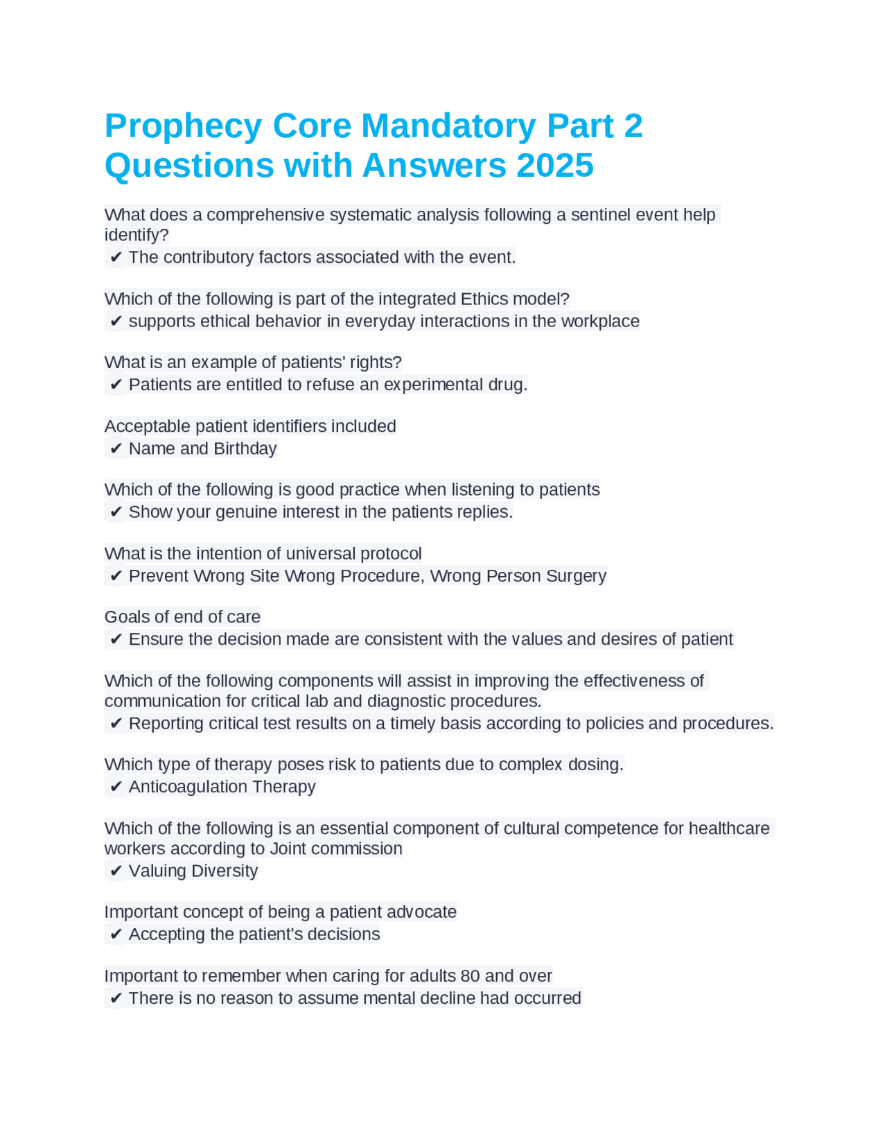 Prophecy Core Mandatory Part 2: Questions and Answers for Healthcare ...