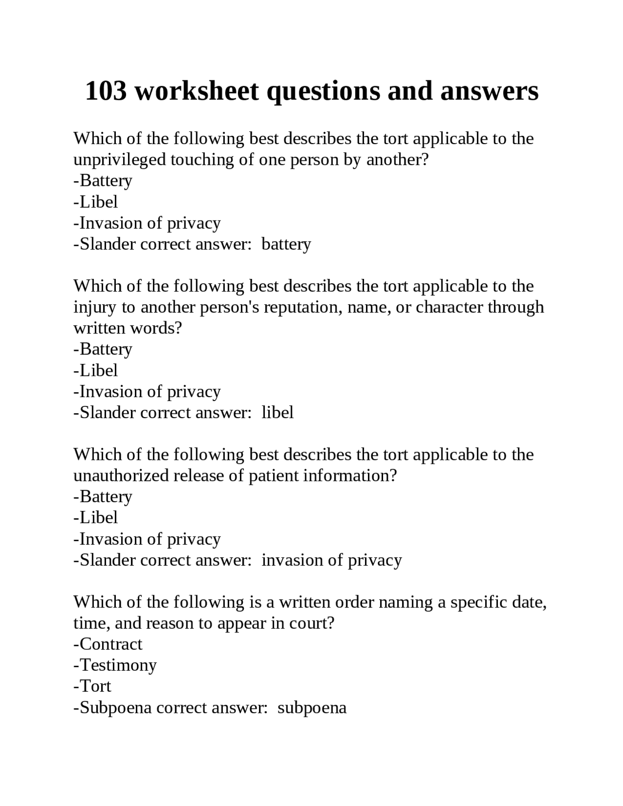 Medical Law and Ethics: 103 Worksheet Questions and Answers | Exams ...