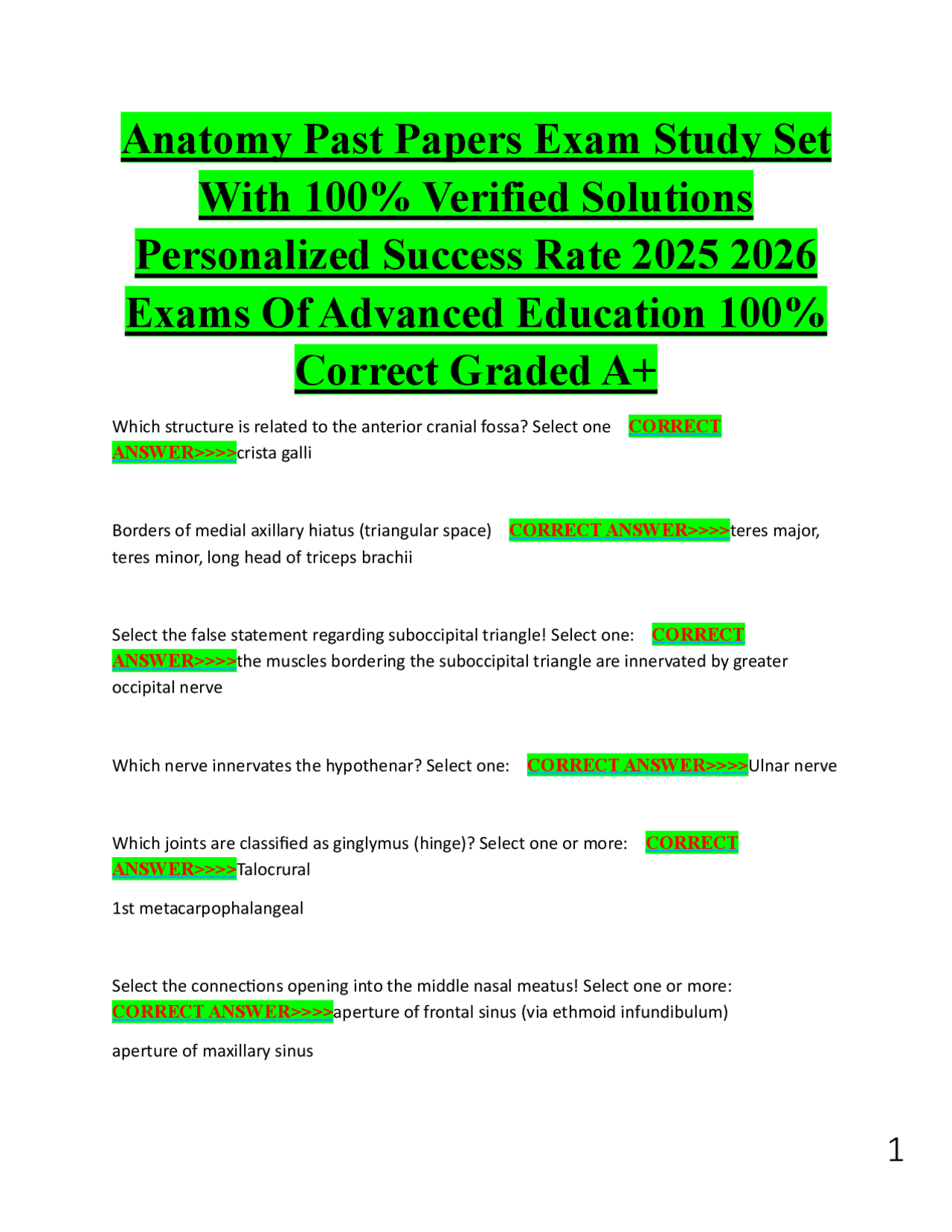 Anatomy Past Papers Exam Study Set With 100% Verified Solutions ...