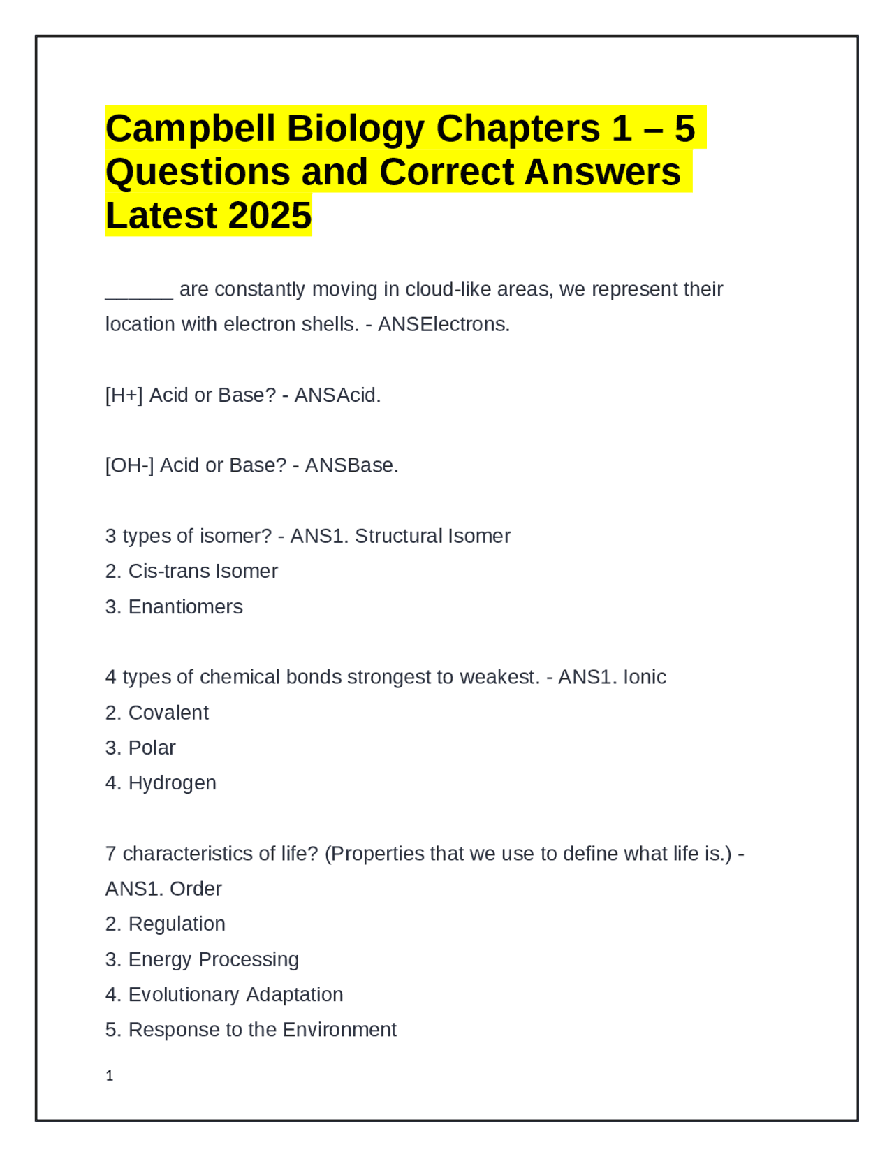 Campbell Biology Chapters 1-5: Questions and Answers (Latest 2025 ...