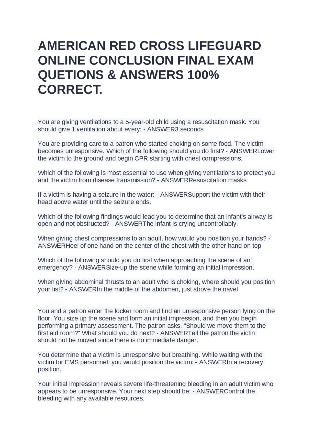 AMERICAN RED CROSS LIFEGUARD ONLINE CONCLUSION FINAL EXAM QUETIONS ...