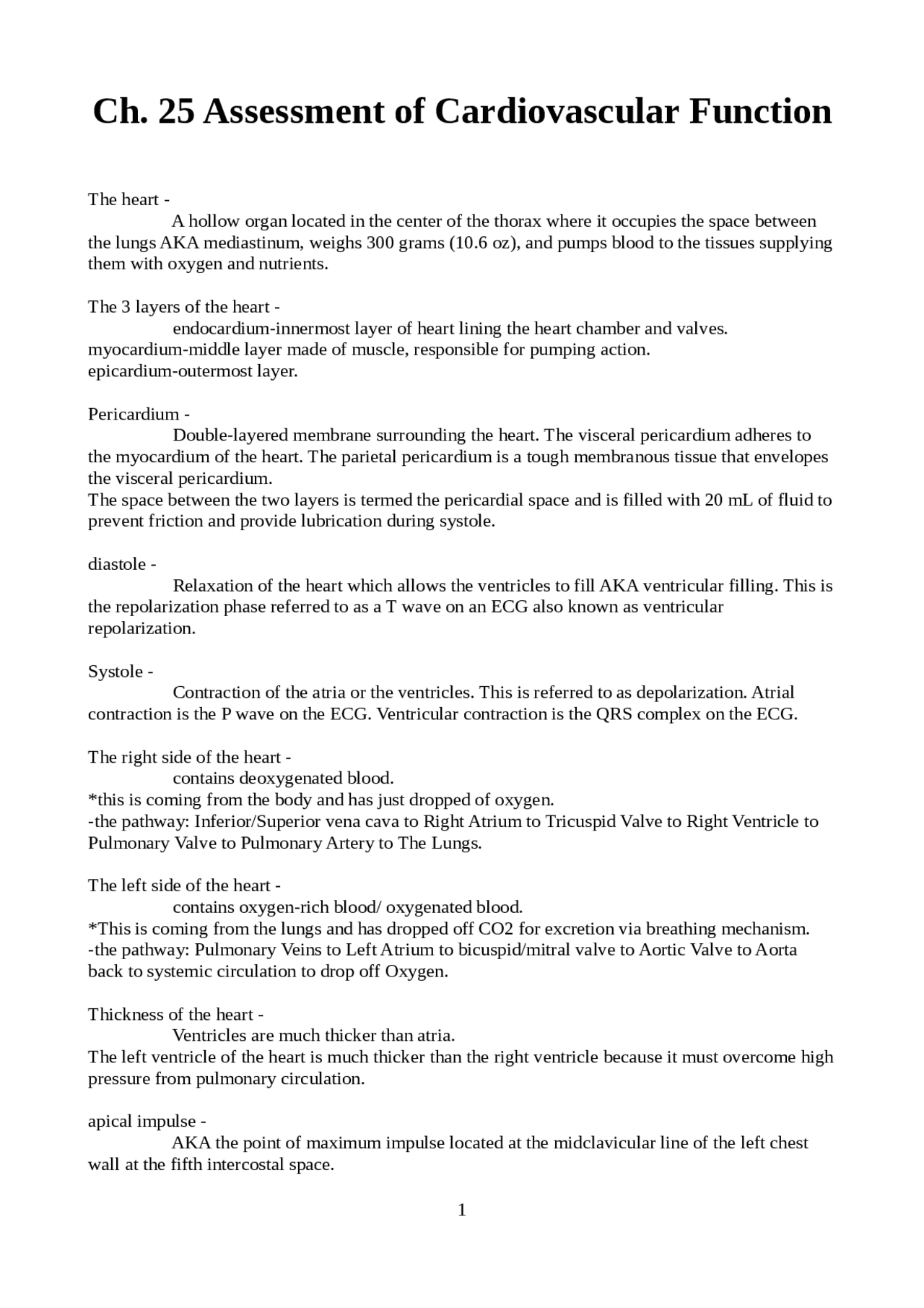 Ch. 25 Assessment of Cardiovascular Function | Exams Cardiology | Docsity
