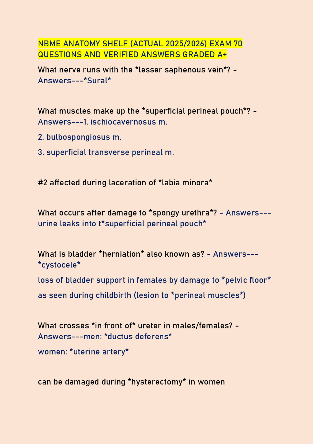 NBME ANATOMY SHELF (ACTUAL 2025/2026) EXAM 70 QUESTIONS AND VERIFIED ...