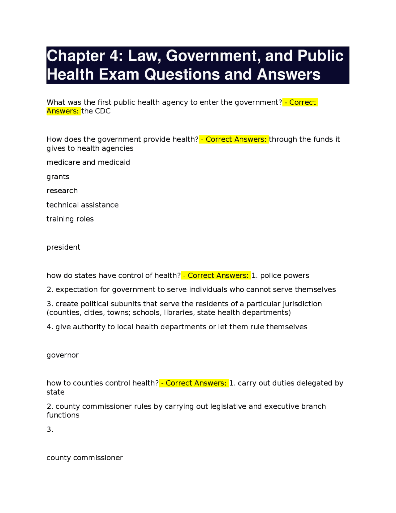 Chapter 4 Law, Government, and Public Health Exam Questions and Answers ...