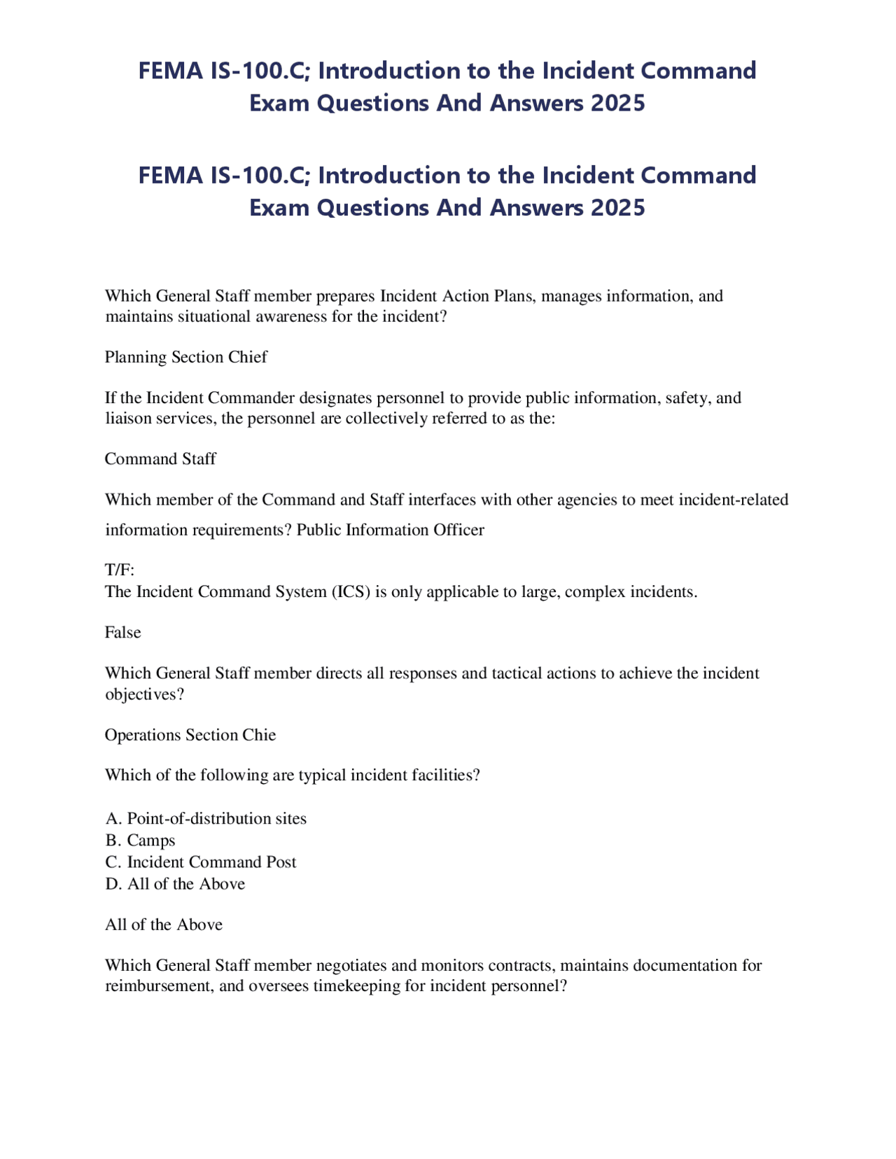FEMA IS-100.C; Introduction to the Incident Command Exam Questions And ...