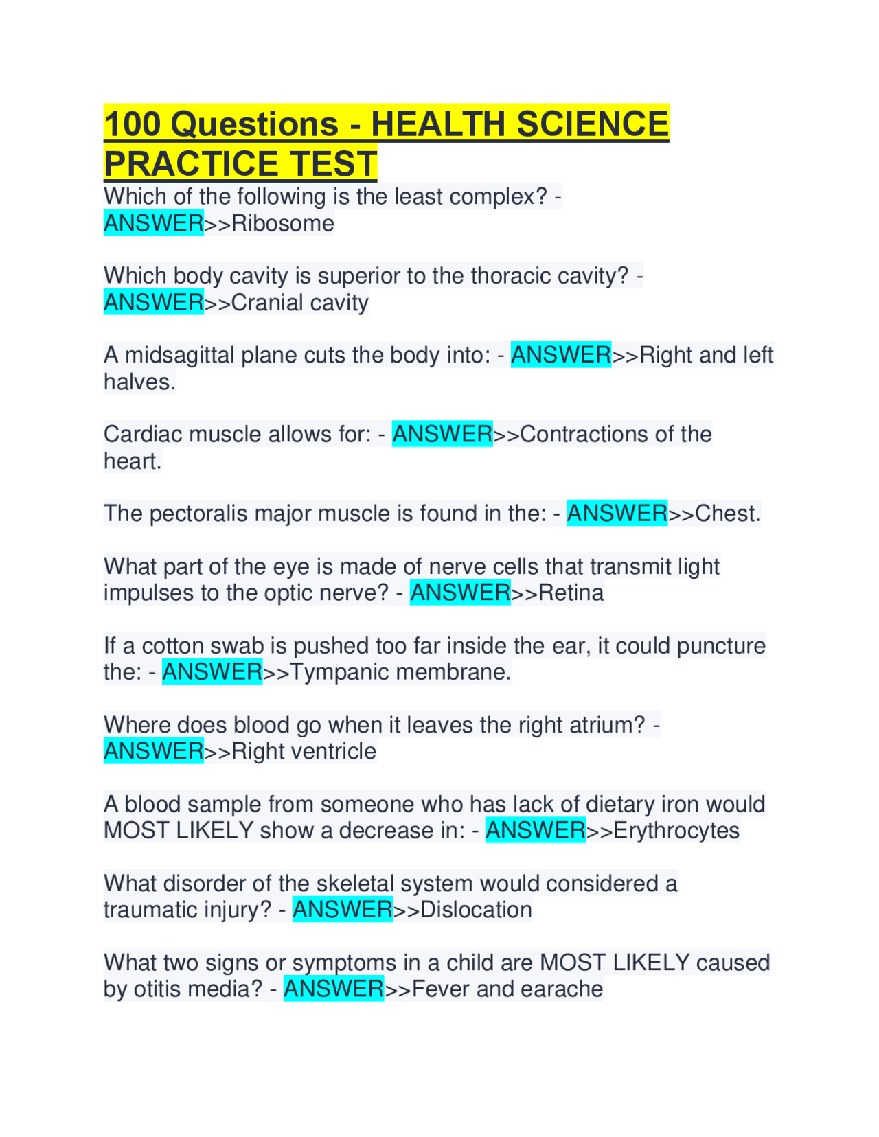 100 Questions - HEALTH SCIENCE PRACTICE TEST | Exams Nursing | Docsity