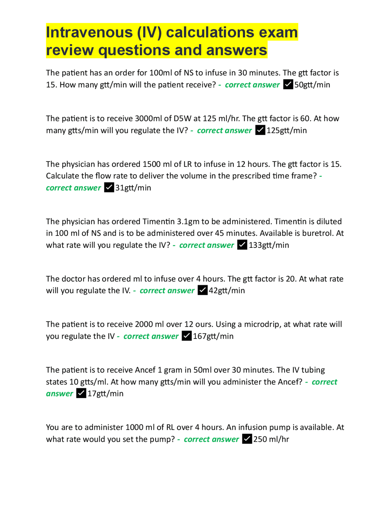 Intravenous (IV) calculations exam review questions and answers ...