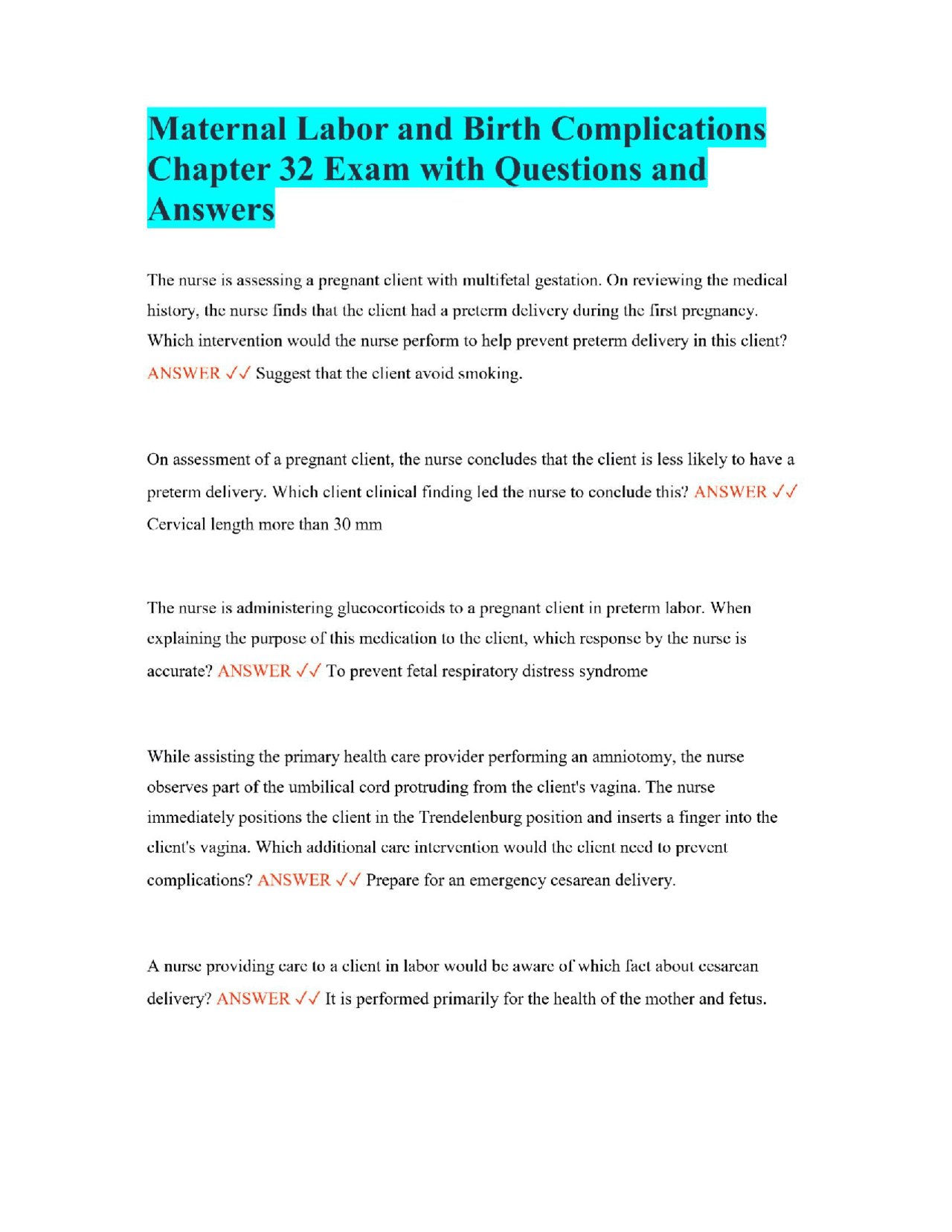 Maternal Labor and Birth Complications Chapter 32 Exam with Questions ...