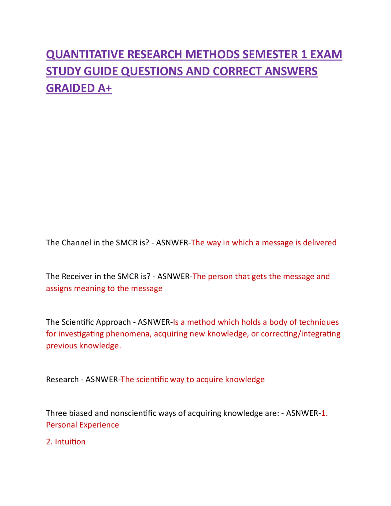 Quantitative Research Methods: Semester 1 Exam Study Guide | Exams Nursing | Docsity