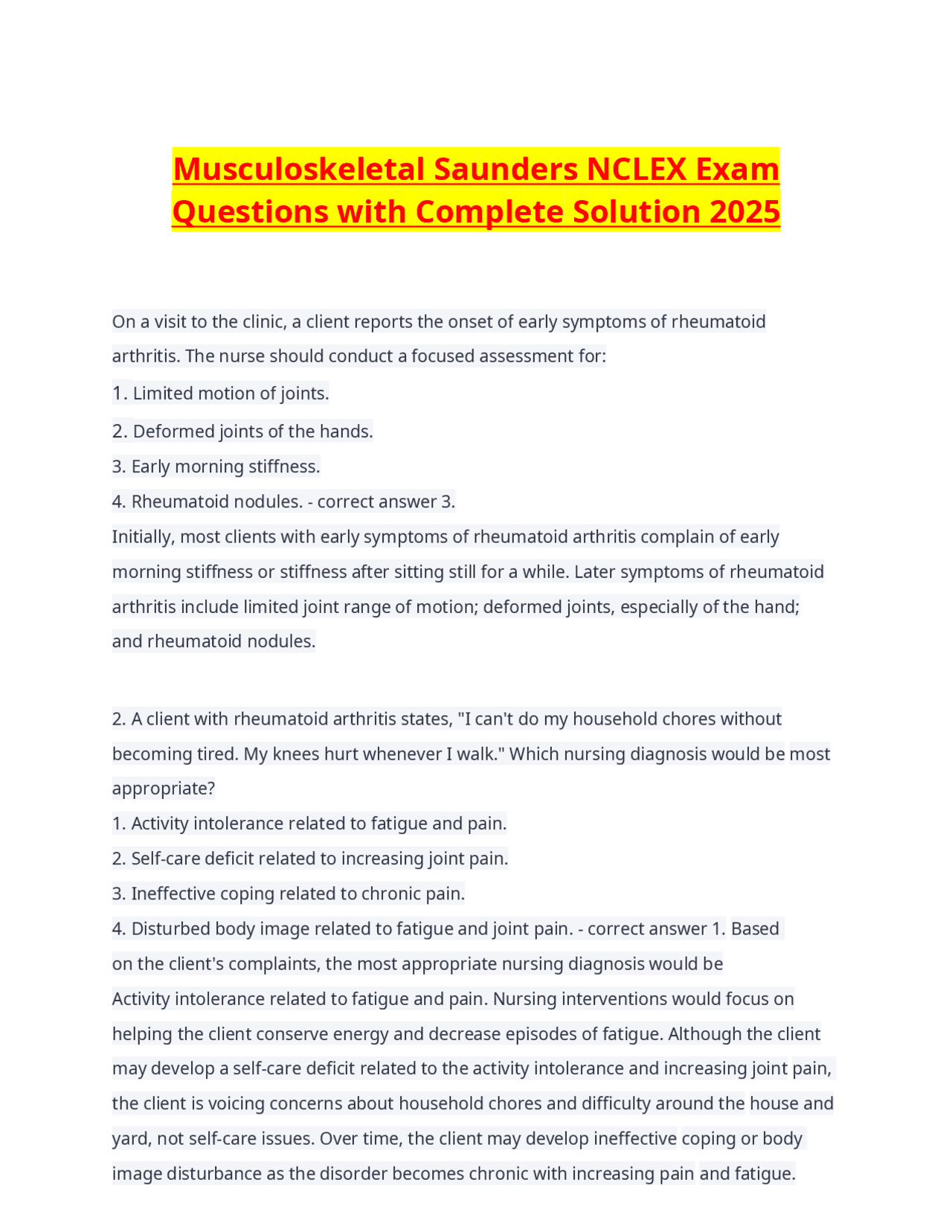 NCLEX Exam Questions: Rheumatoid Arthritis | Exams Nursing | Docsity