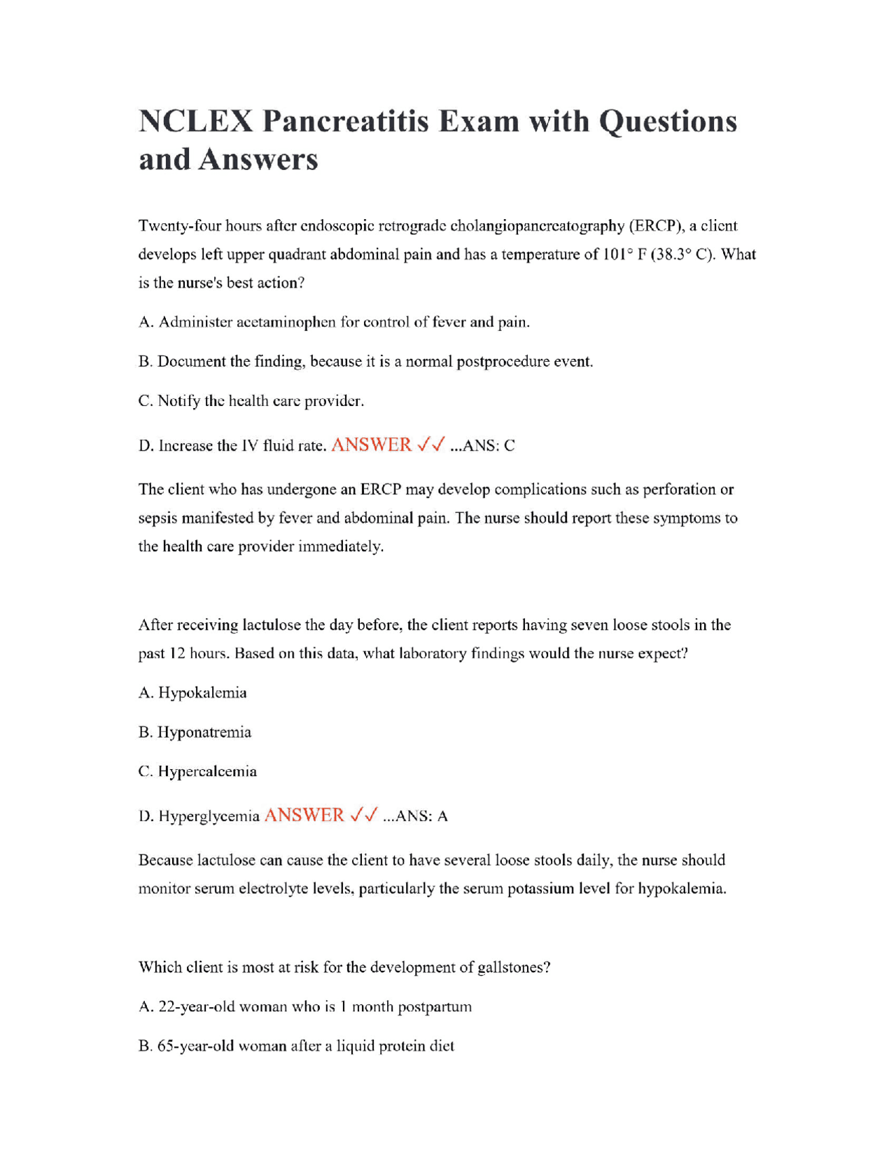 NCLEX Pancreatitis Exam with Questions and Answers | Exams Nursing ...