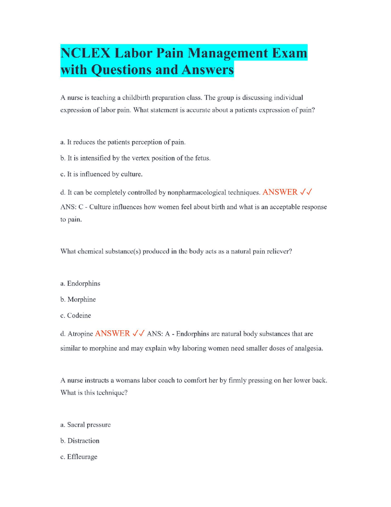 NCLEX Labor Pain Management Exam with Questions and Answers | Exams ...
