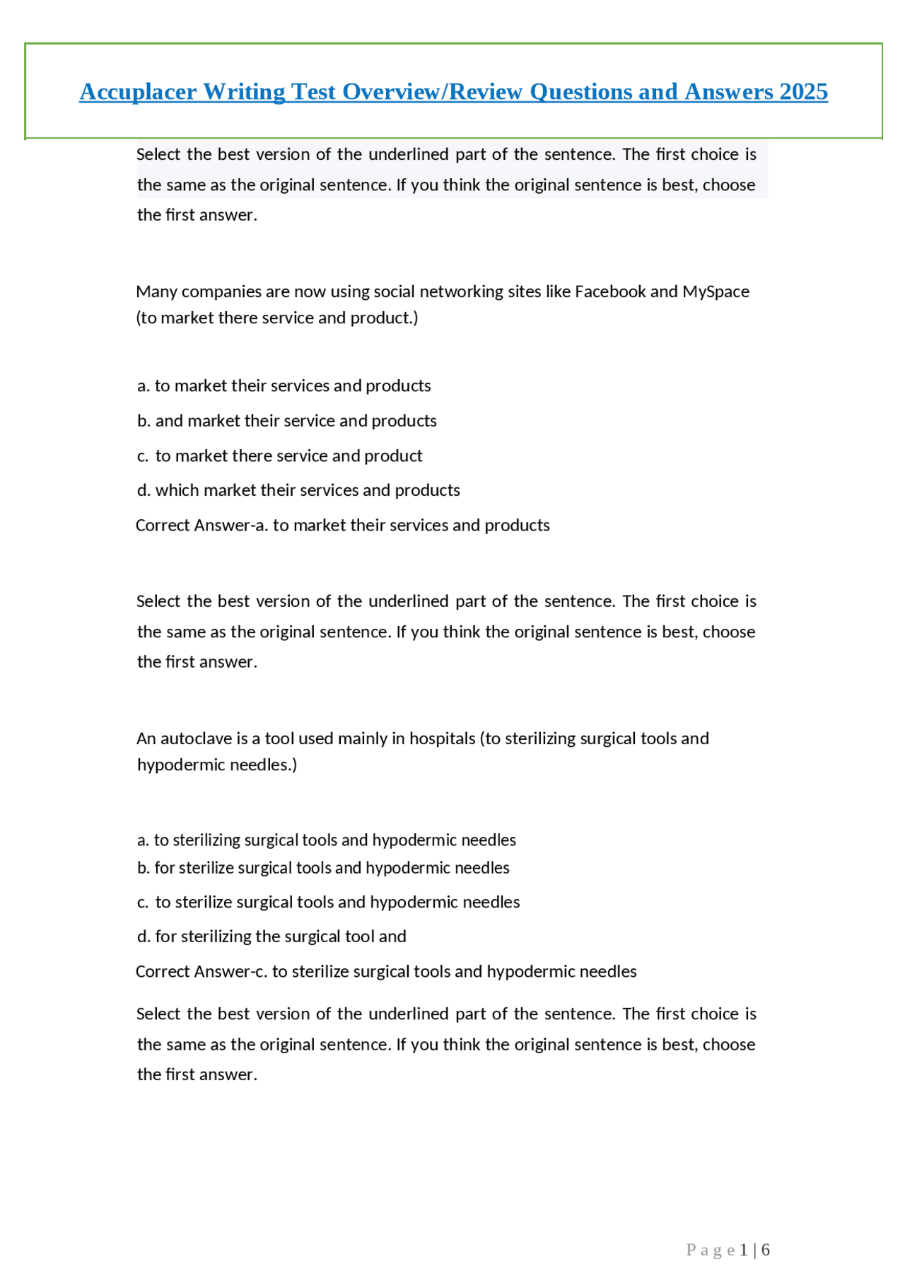 Accuplacer Writing Test Overview/Review Questions and Answers 2025 ...