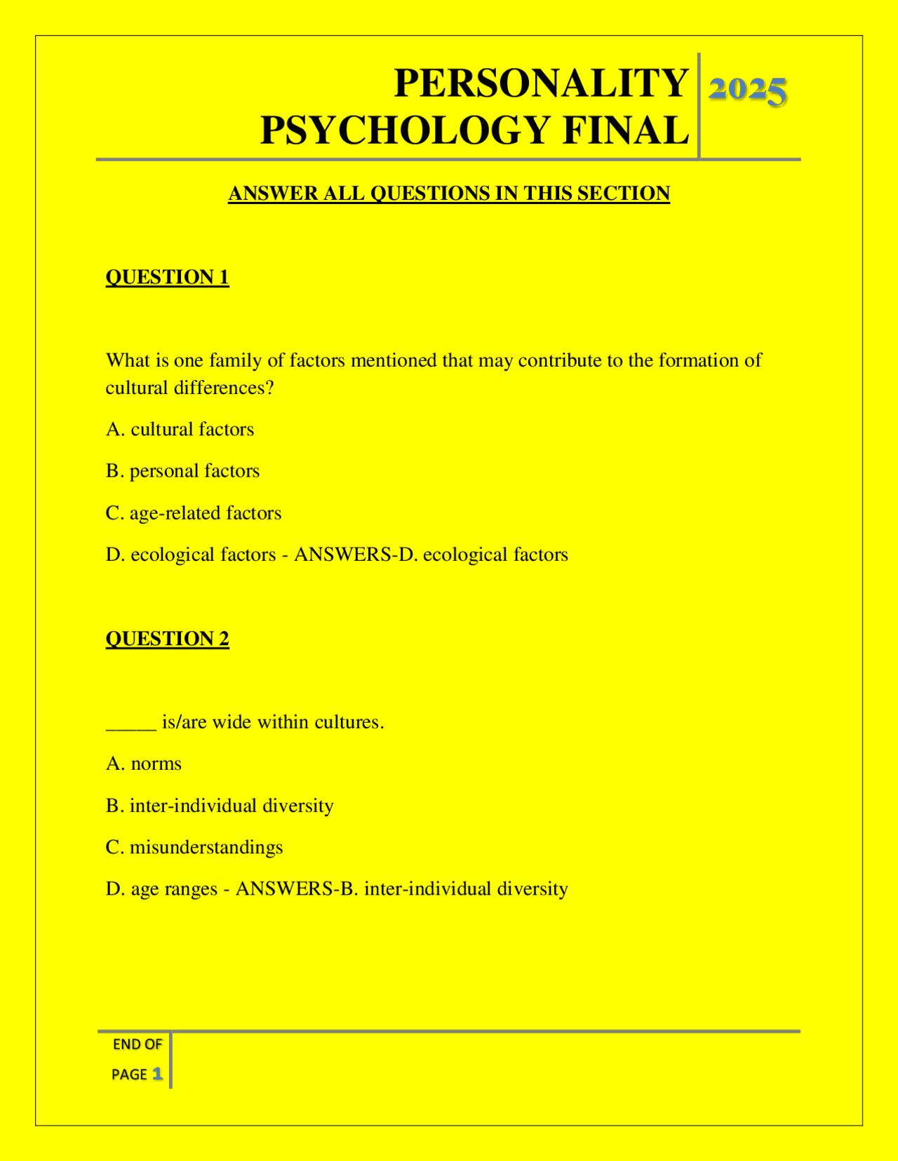 PERSONALITY PSYCHOLOGY FINAL QUESTIONS AND ANSWERS 2025 | Exams ...
