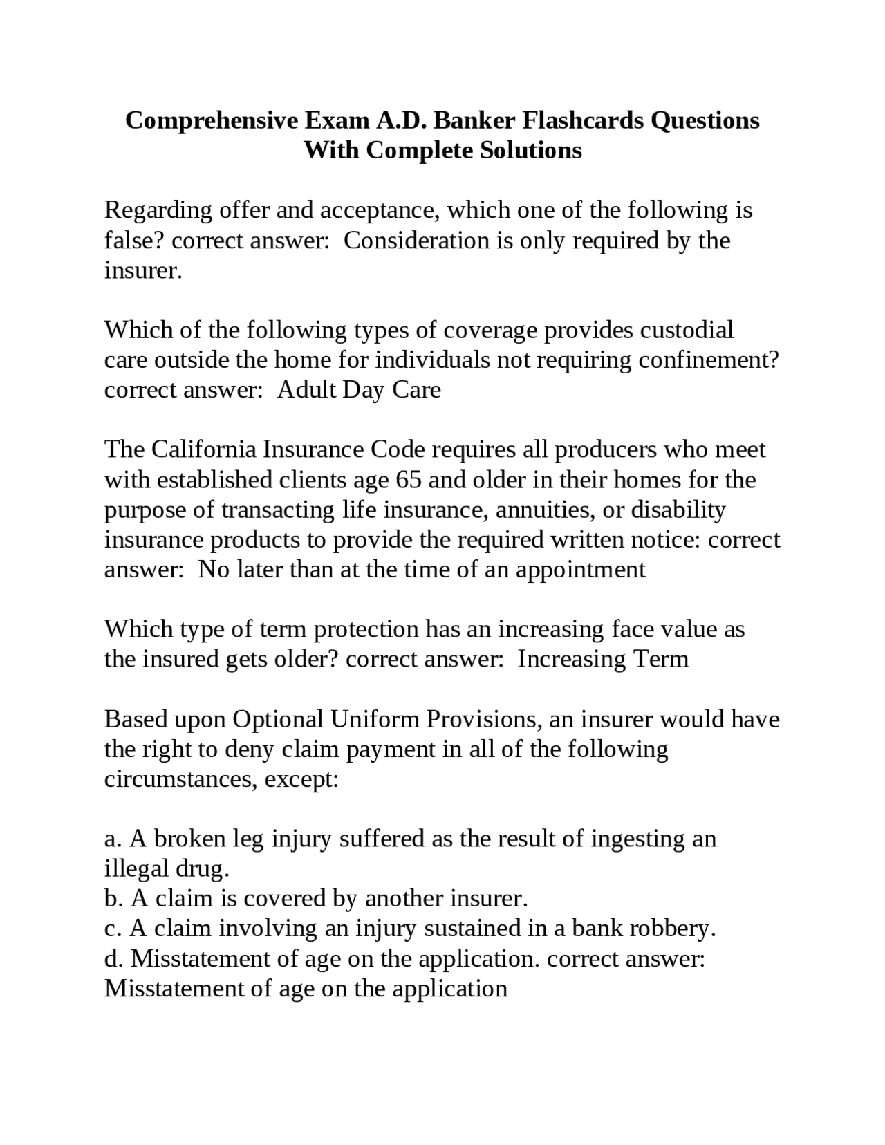 Comprehensive Exam A.D. Banker Flashcards Questions With Complete ...