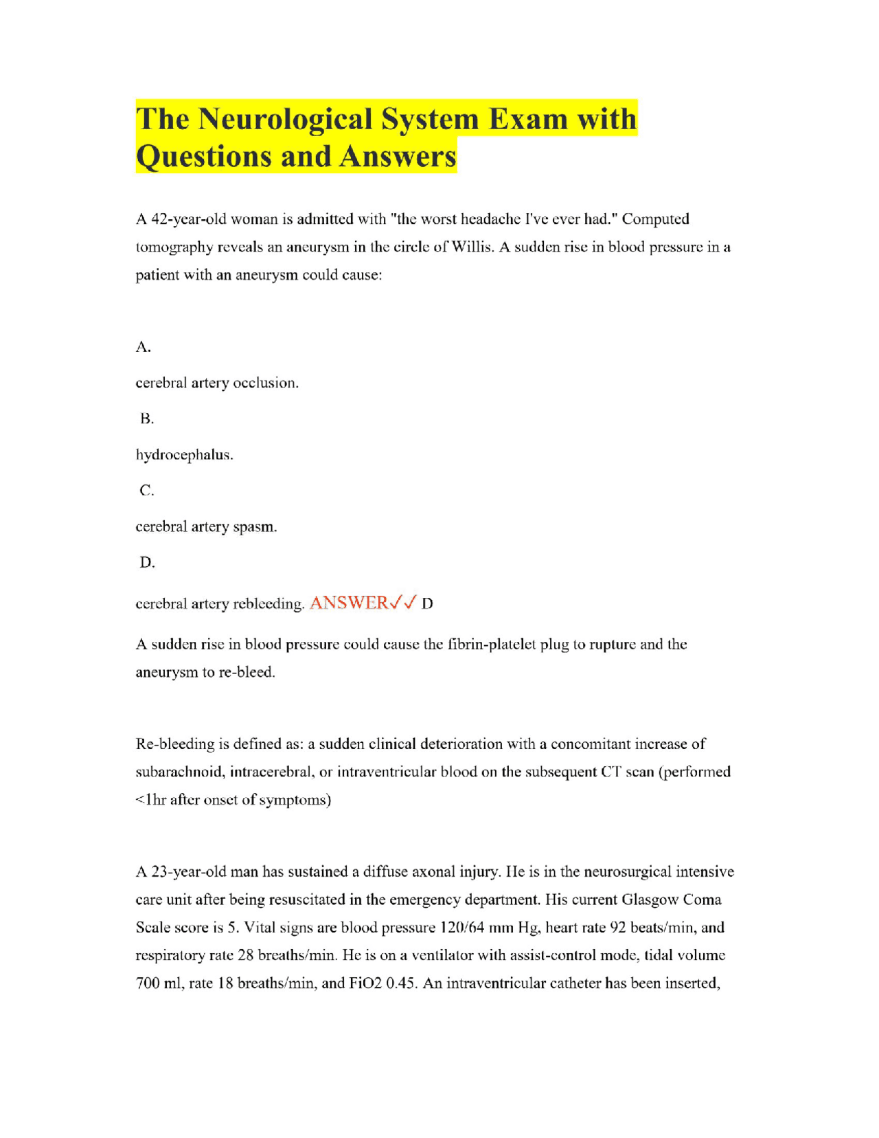 The Neurological System Exam with Questions and Answers | Exams Nursing ...