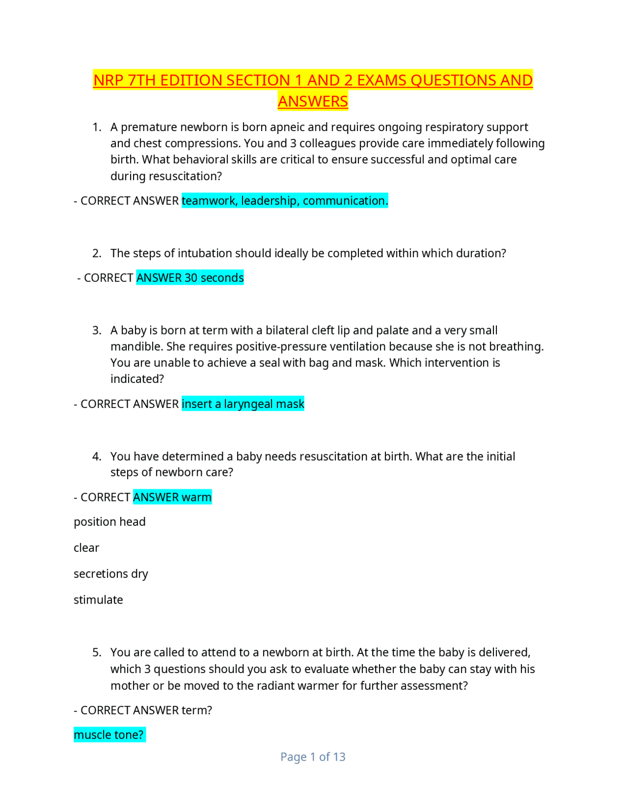 NRP 7TH EDITION SECTION 1 AND 2 EXAMS QUESTIONS AND ANSWERS | Exams ...