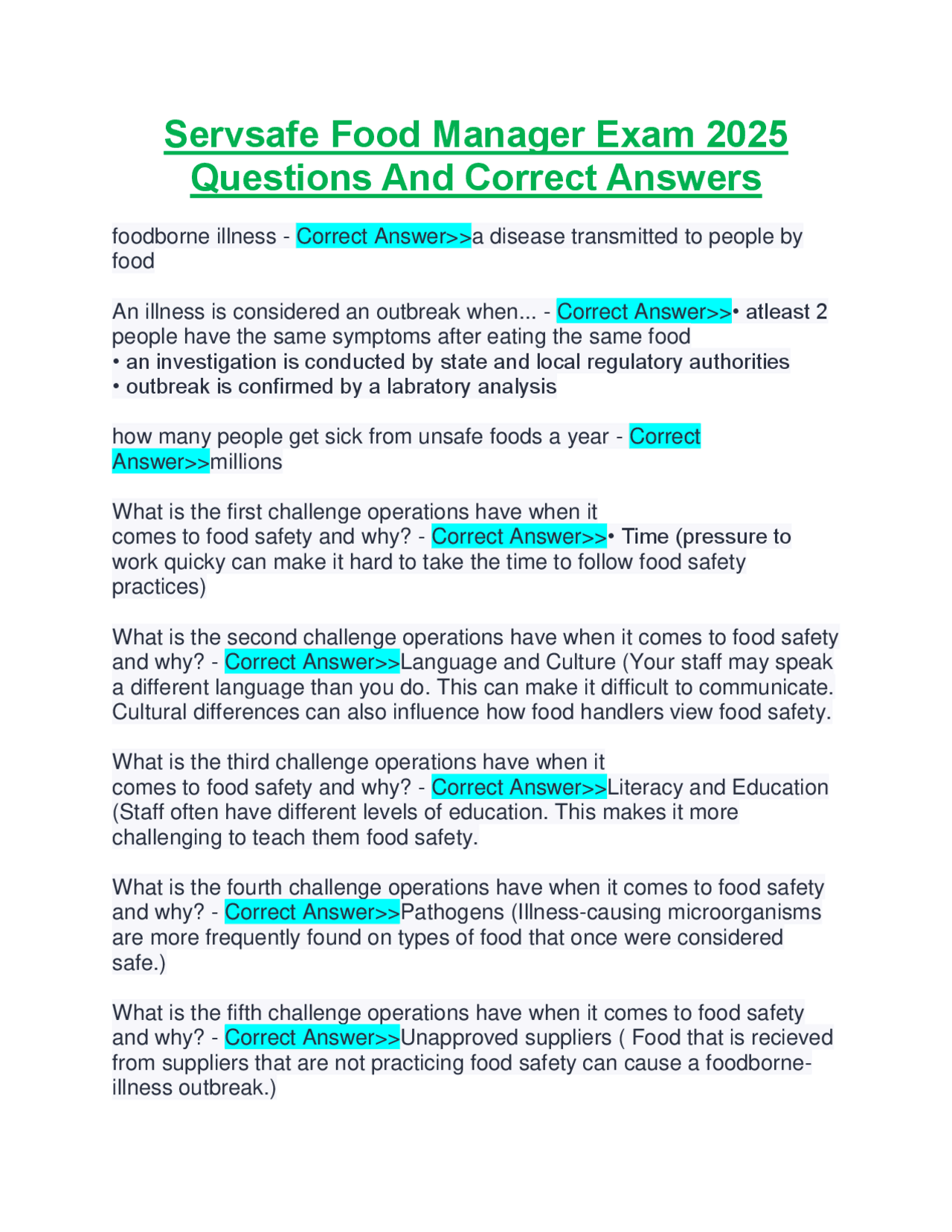 ServSafe Food Manager Exam 2025: Questions and Answers | Exams Nursing ...