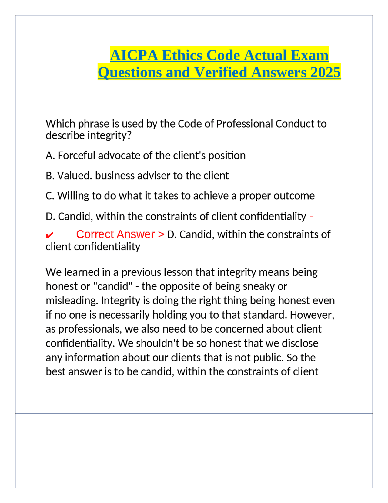 AICPA Ethics Code Actual Exam Questions and Verified Answers 2025 | Exams Nursing | Docsity