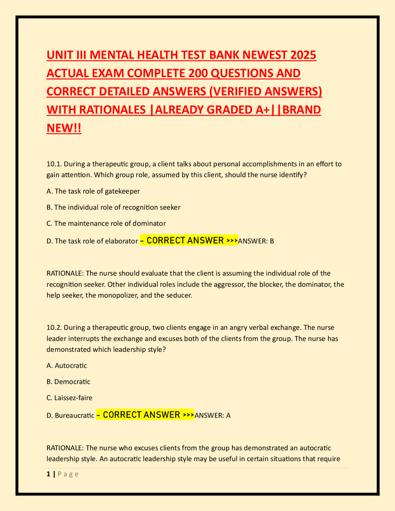 UNIT III MENTAL HEALTH TEST BANK NEWEST 2025 ACTUAL EXAM COMPLETE 200 ...