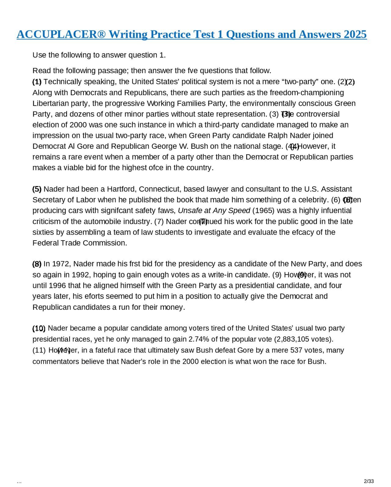 ACCUPLACER® Writing Practice Test 1 Questions and Answers 2025 | Exams ...