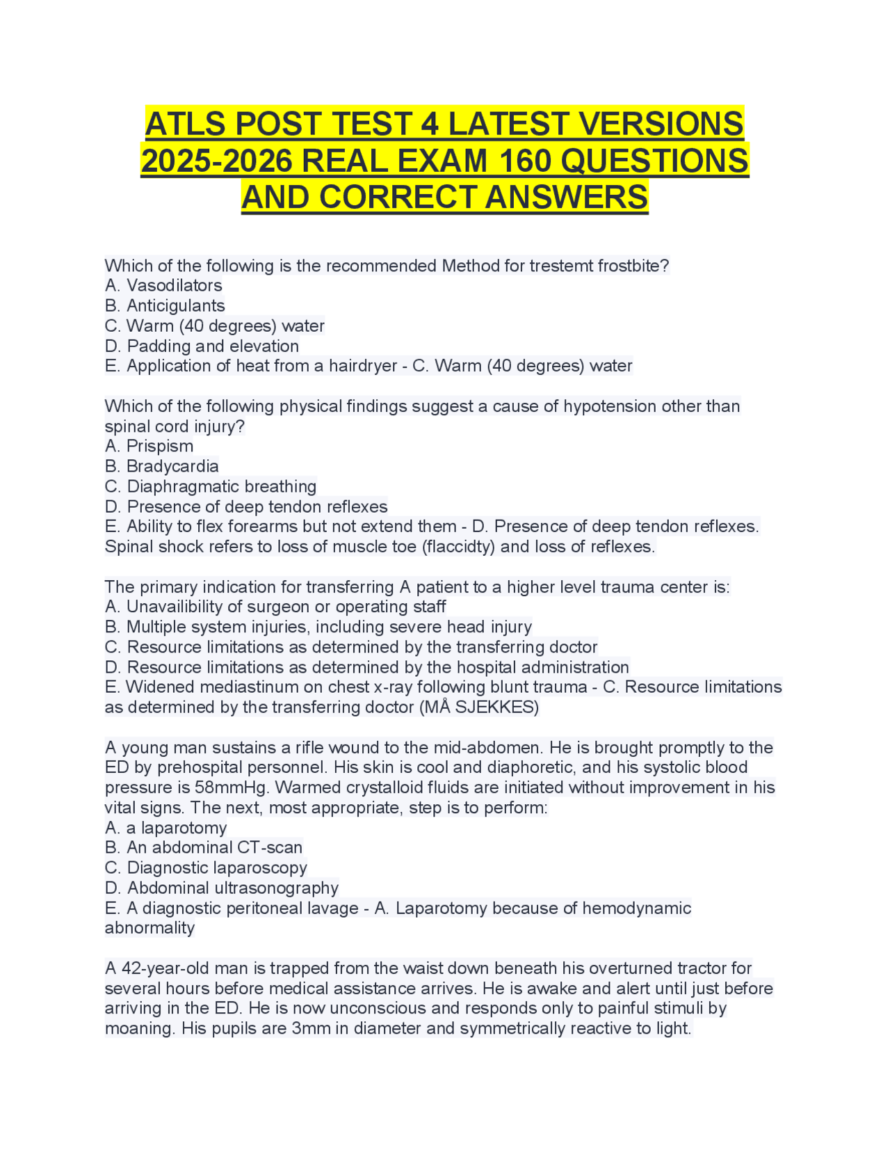 ATLS POST TEST 4 LATEST VERSIONS 2025-2026 | Exercises Advanced ...