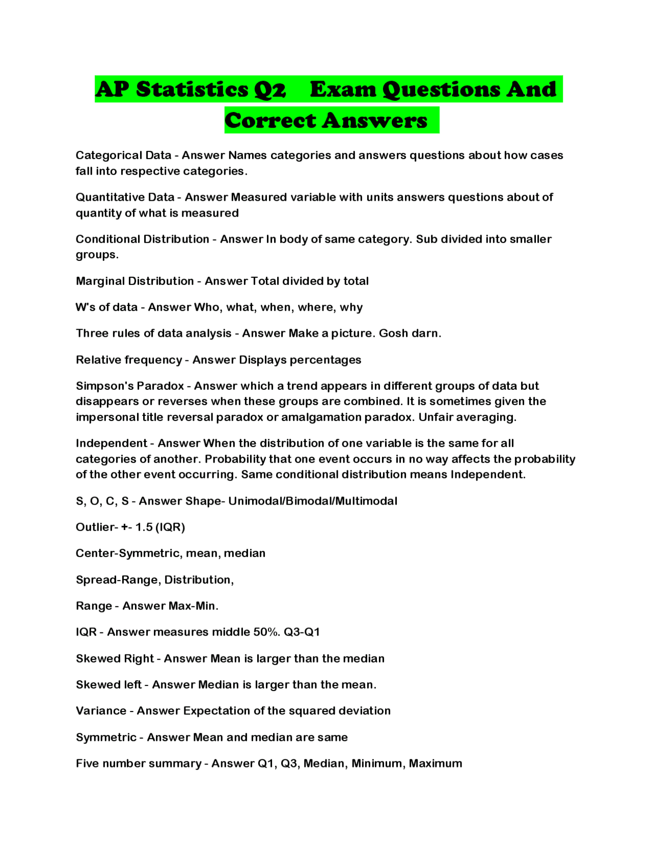 AP Statistics Q2 Exam Questions and Answers: Categorical and ...
