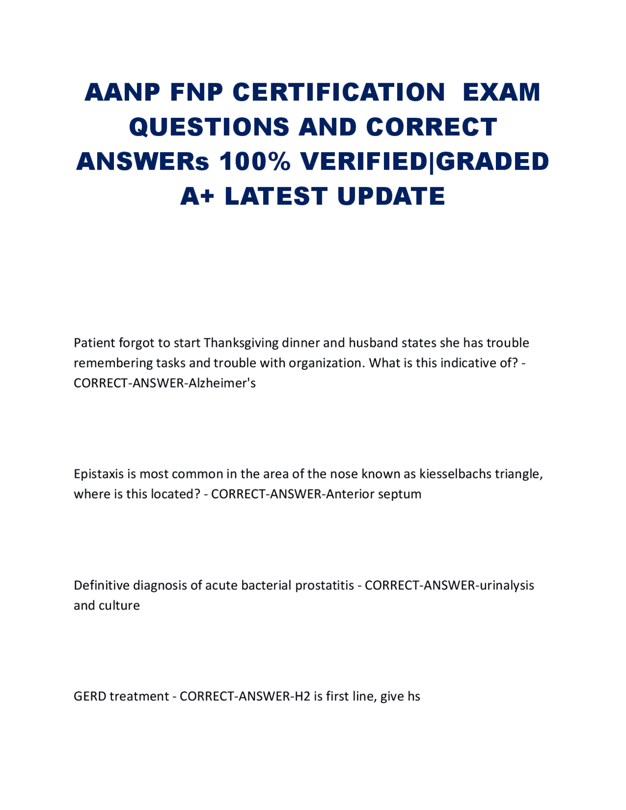 AANP FNP CERTIFICATION EXAM QUESTIONS AND CORRECT ANSWERs 100% VERIFIED ...