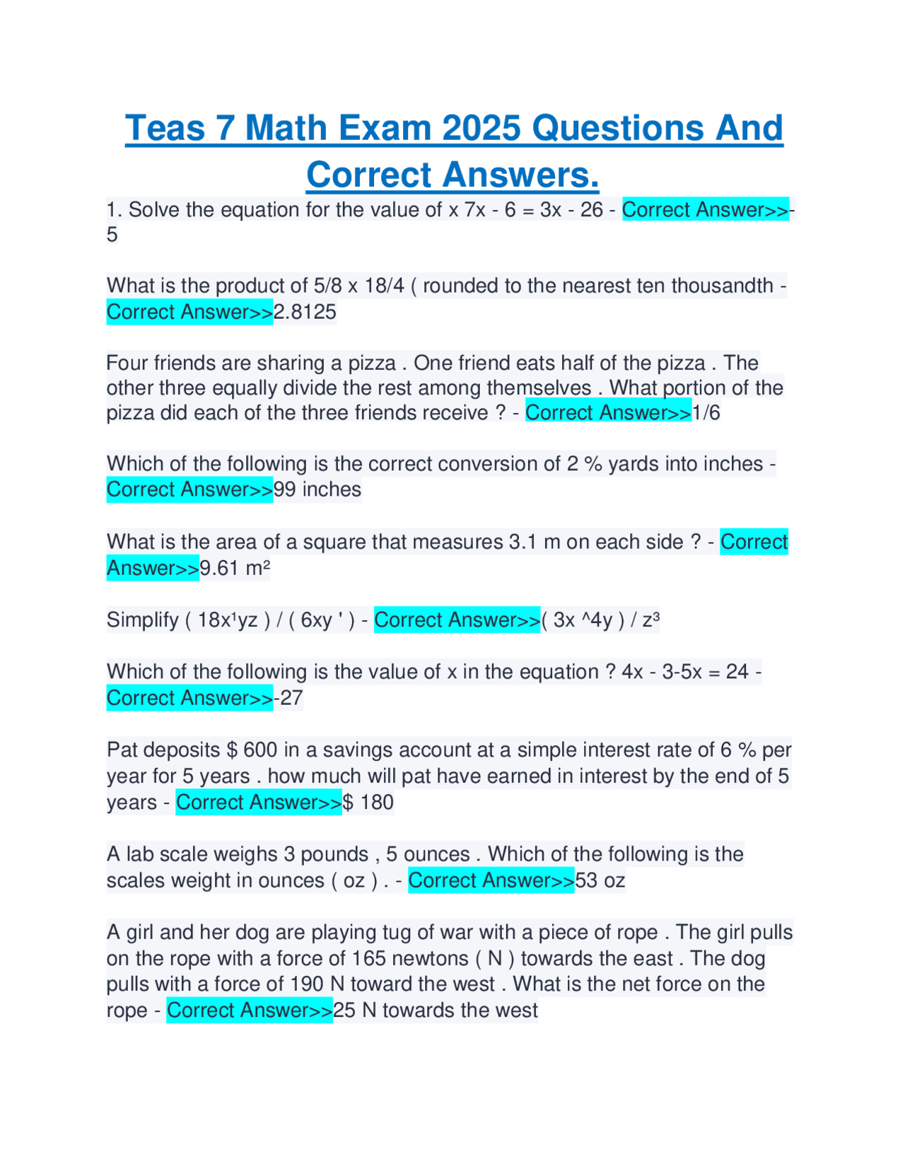 Teas 7 Math Exam 2025 Questions And Correct Answers. | Exams ...