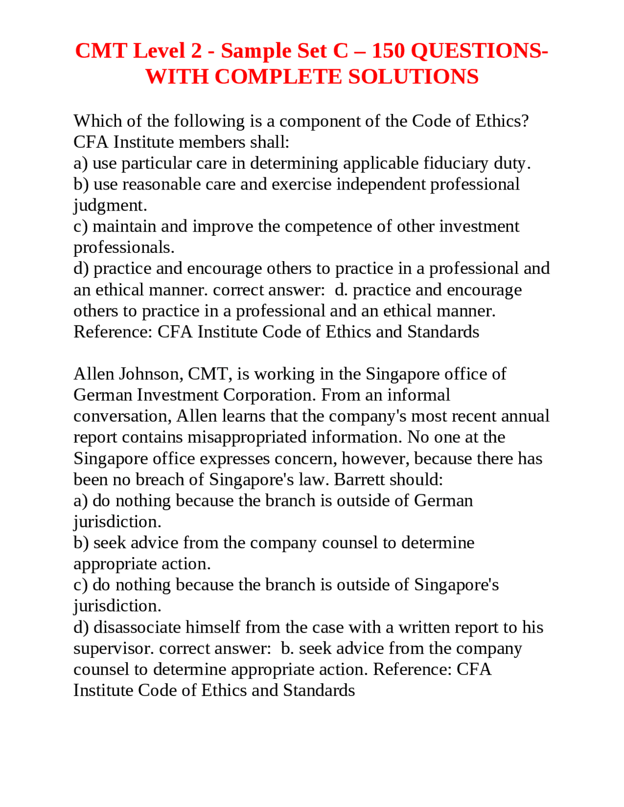 CMT Level 2 - Sample Set C – 150 QUESTIONS- WITH COMPLETE SOLUTIONS ...