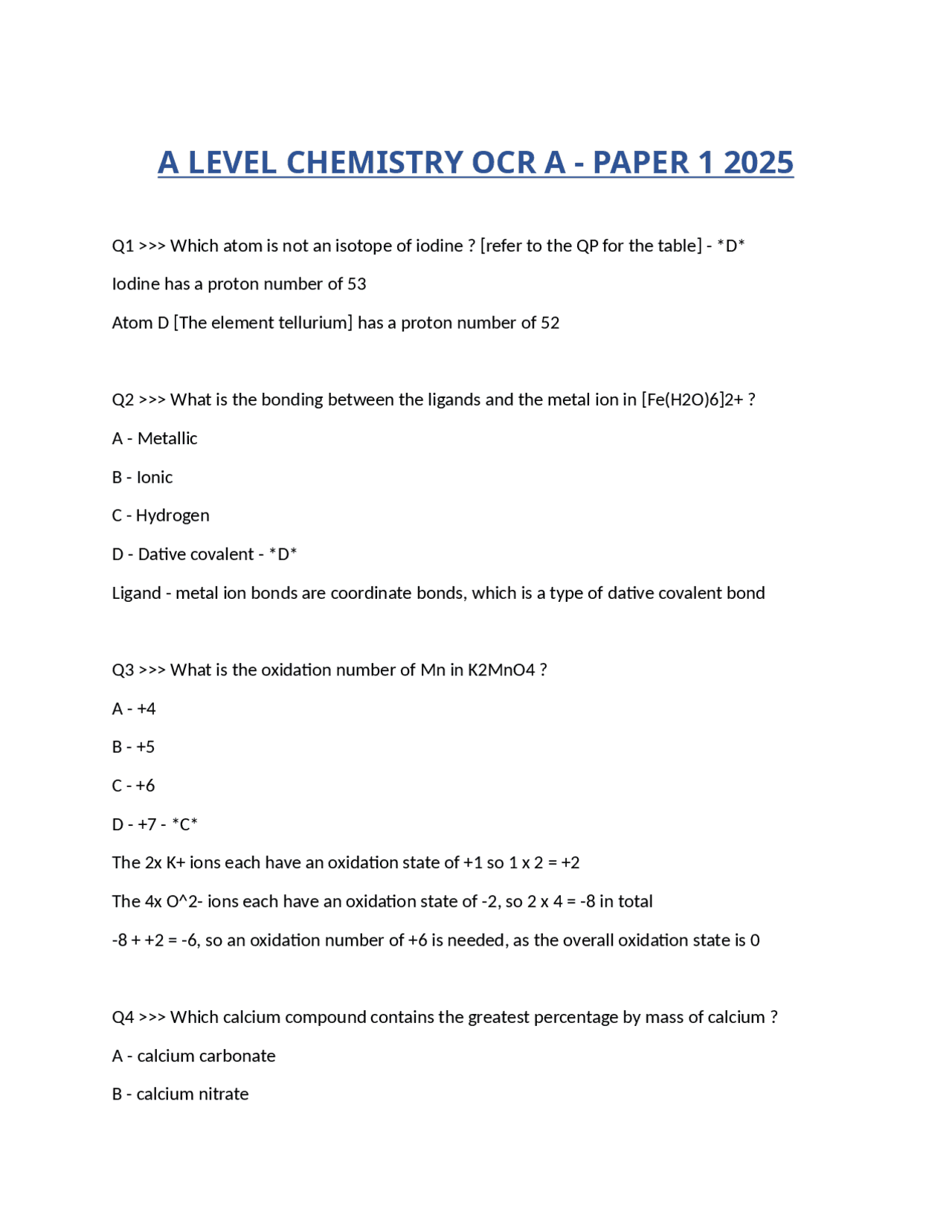 A LEVEL CHEMISTRY OCR A - PAPER 1 2025 | Exams Advanced Education | Docsity